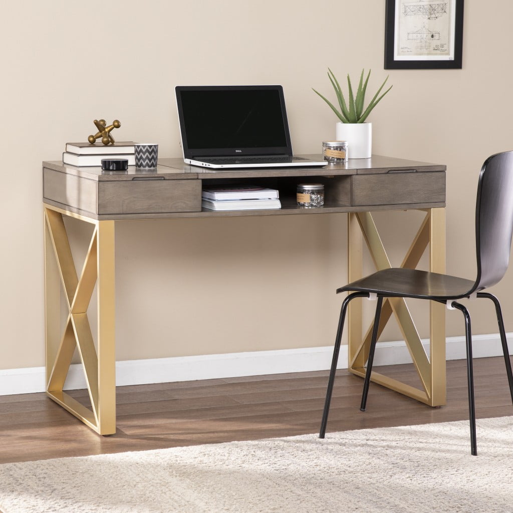 Modern Gray and Gold Writing Desk with Storage - Walmart.com