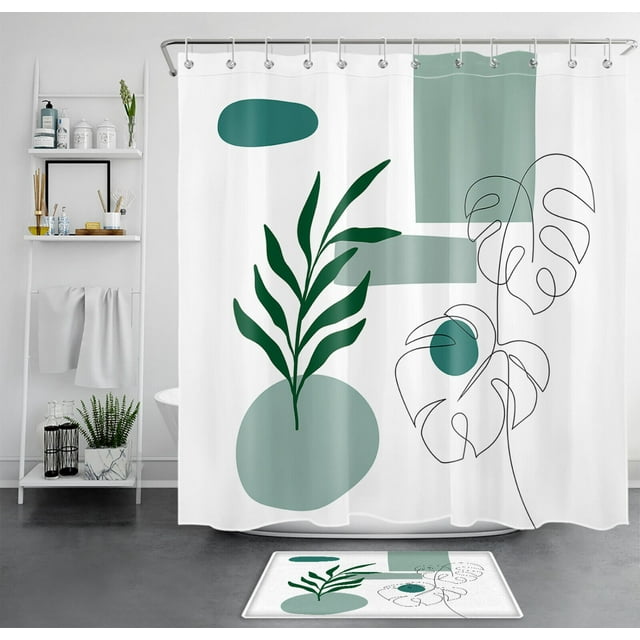 Modern Green Geometric Leaf Shower Curtain Set Elevate Your Bathroom