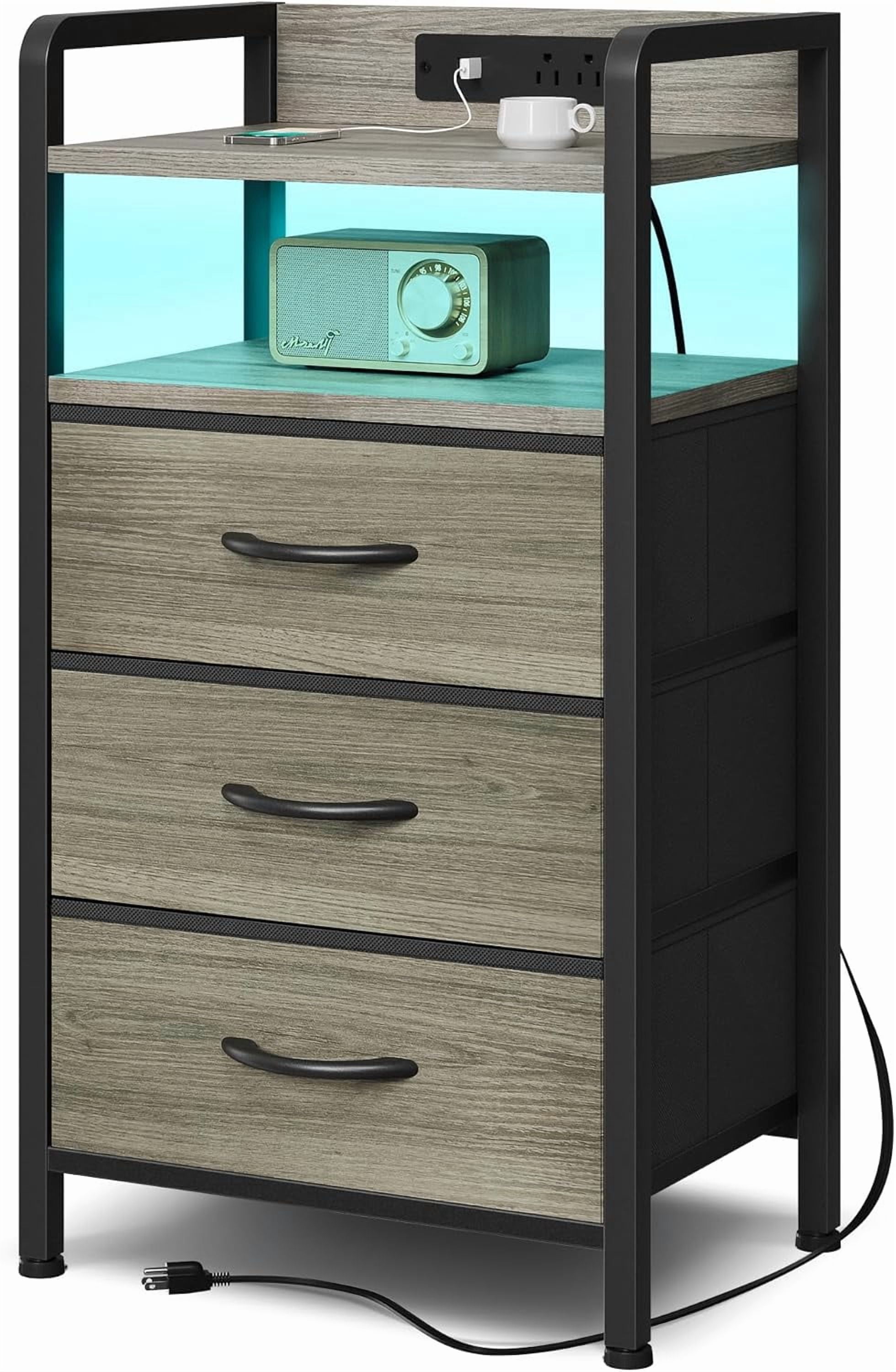 Modern Grey 3-Drawer Bedside Table with LED Light Strip, USB Ports, AC ...