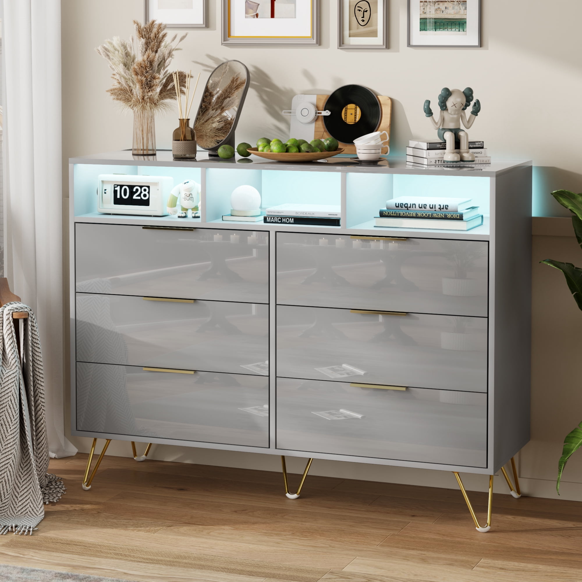 Modern Grey 6-Drawer Dresser with LED Lights and 3 Open Shelves, Wood ...