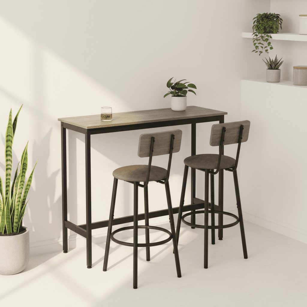 Modern Grey Bar Table Set with 2 PU Bar Stools, Backrest & Footrest ...