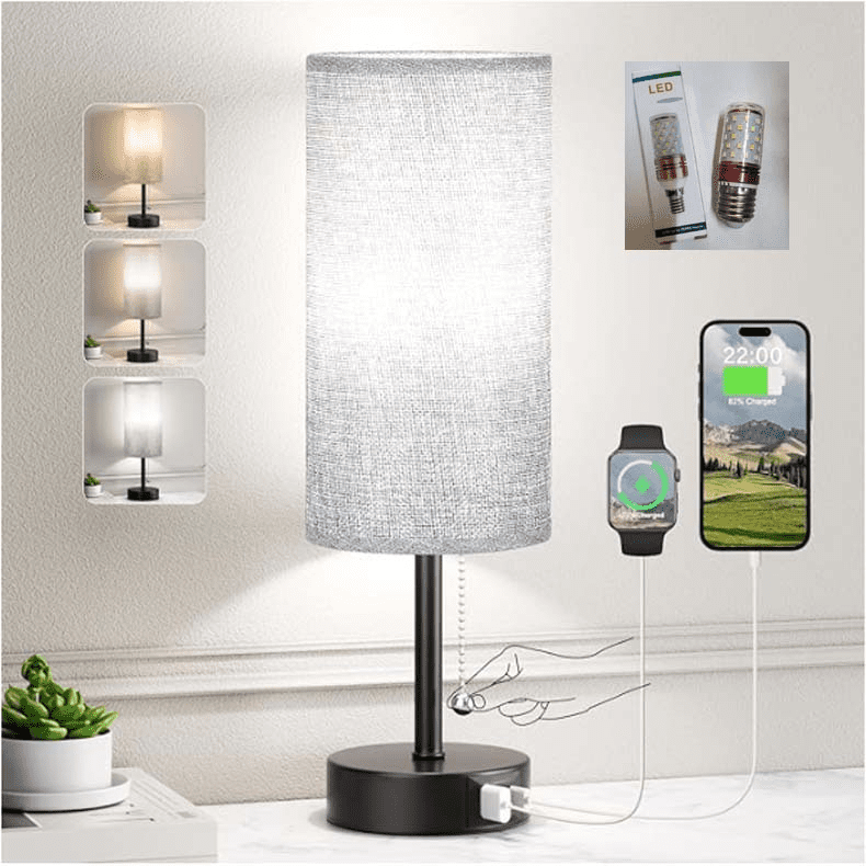 Modern Grey Bedside Lamp With Usb Charging Port, 3 Color Temperatures ...