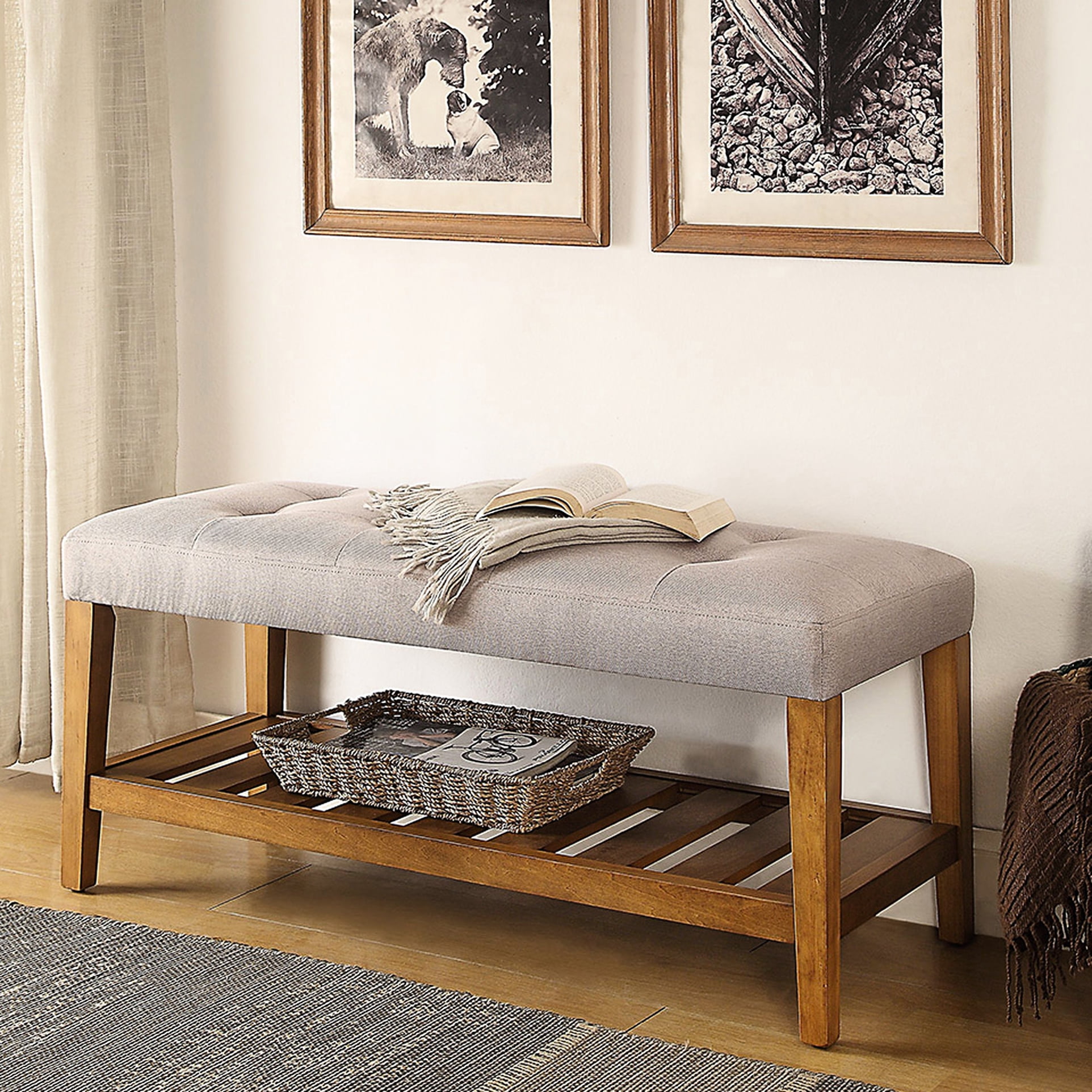 Modern Grey Bench With Oak And Convenient Shelf Storage Pleasant Seat ...
