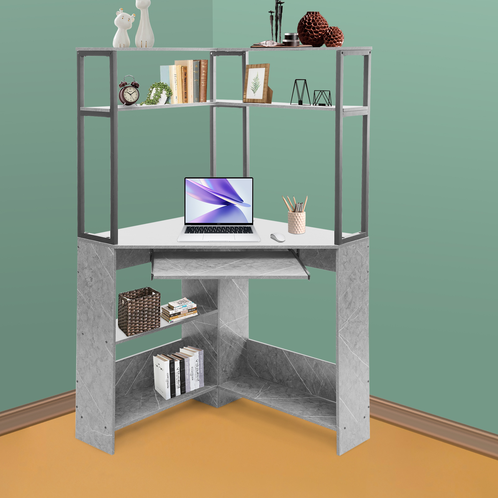 Modern Grey Corner Computer Desk with Pull-Out Tray and Power Cord ...