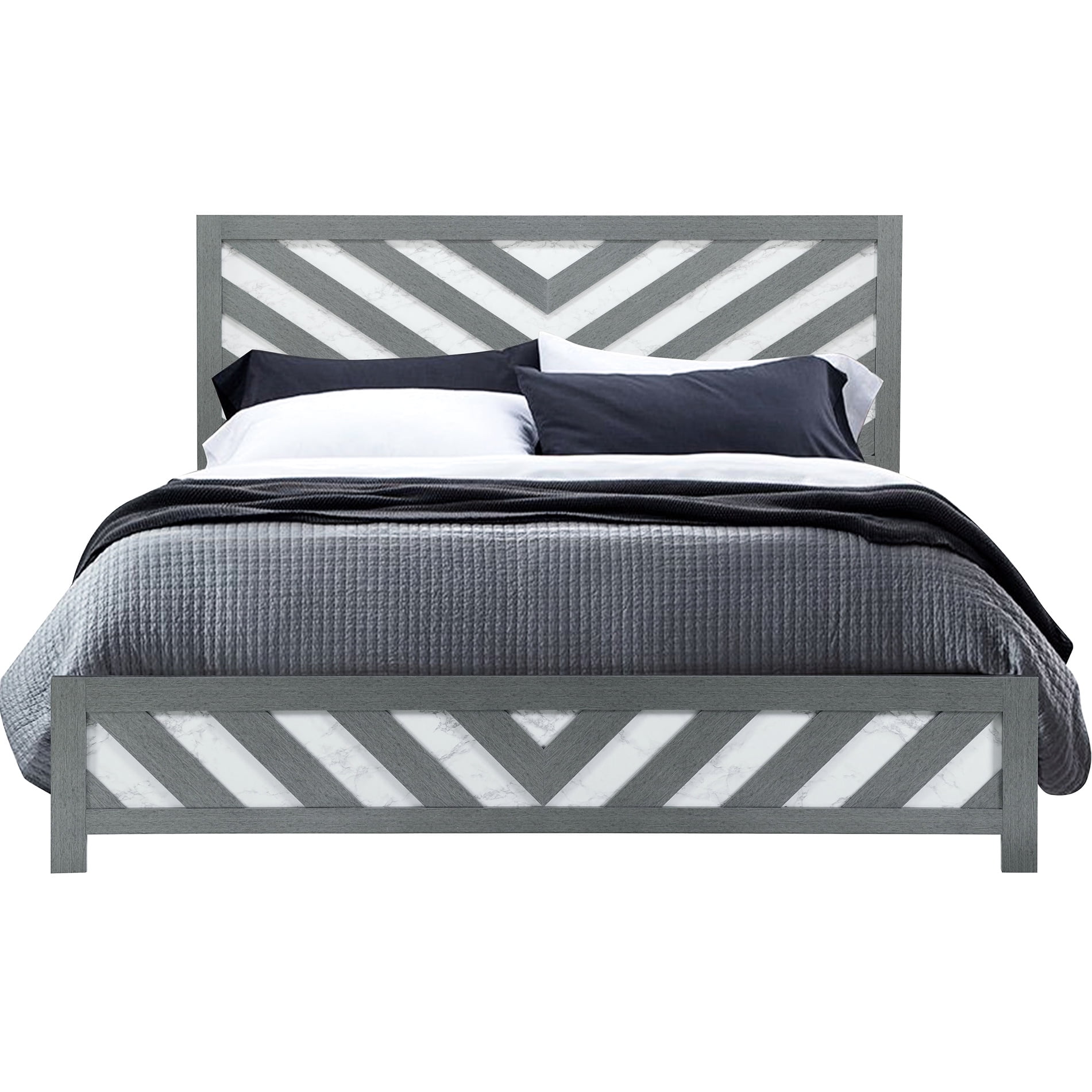 Modern Grey King Bed With Outstanding Faux Marble, Headboard & , Silver ...