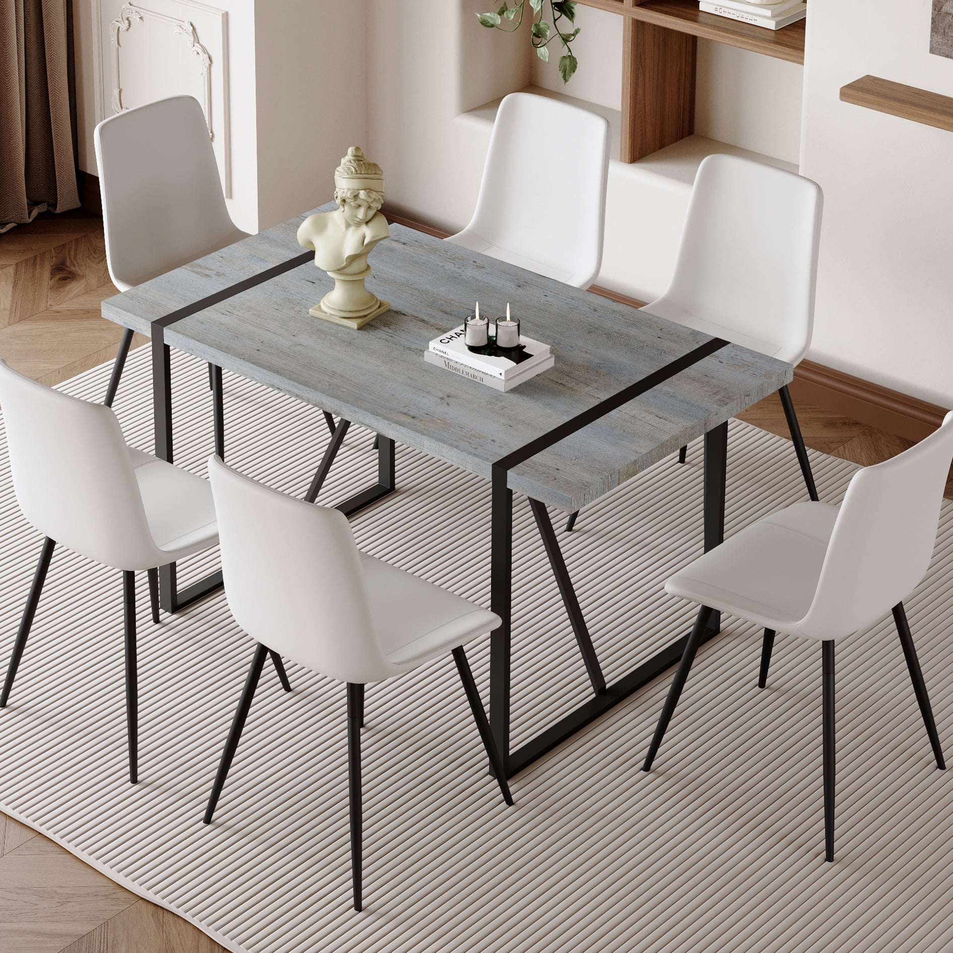 Modern Grey Marble Table With Metal Legs And 6 Pu Cushion Chair ...