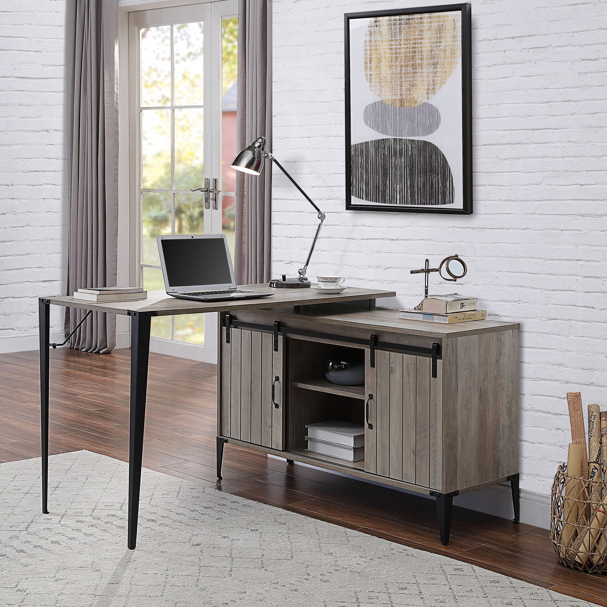 Modern Grey Oak Desk With Sliding Door And Cord Management, Space Black ...