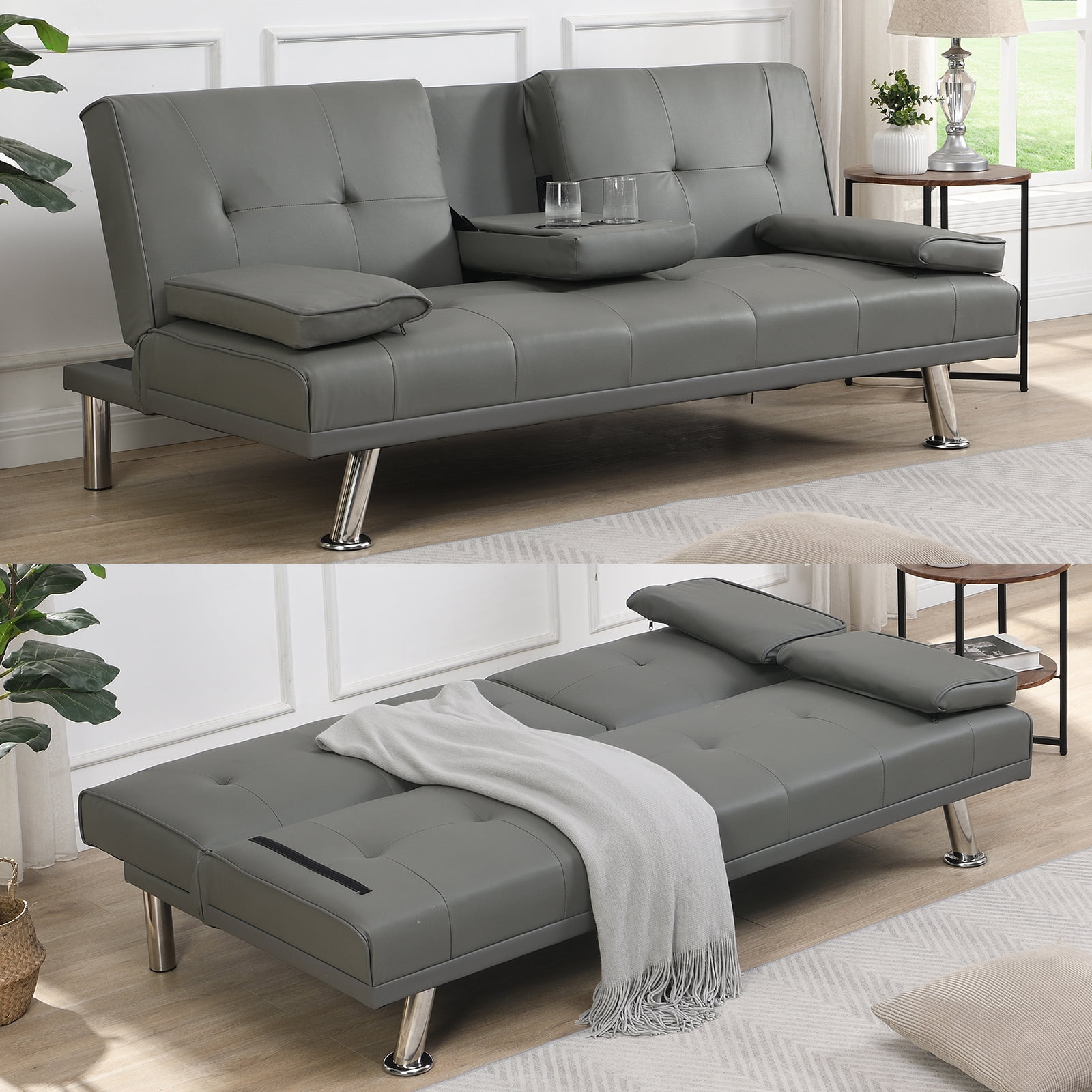 Modern Grey PVC Futon Sofa Bed with Wood Frame and Stainless Steel Legs ...
