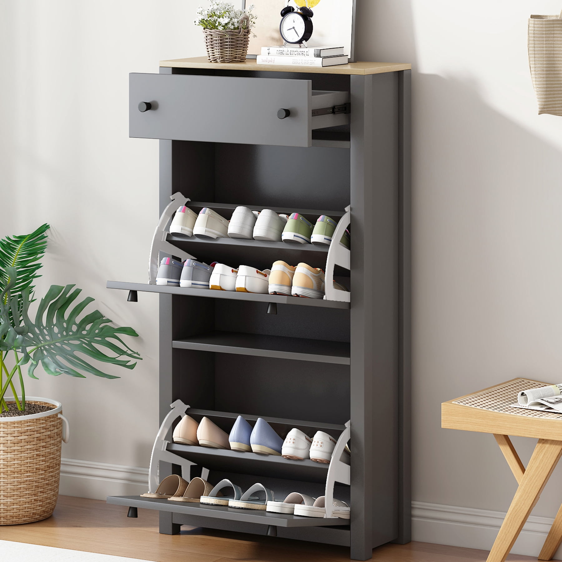 Modern Grey Shoe Locker With 2 Flip Drawers & Adjustable Compartment ...