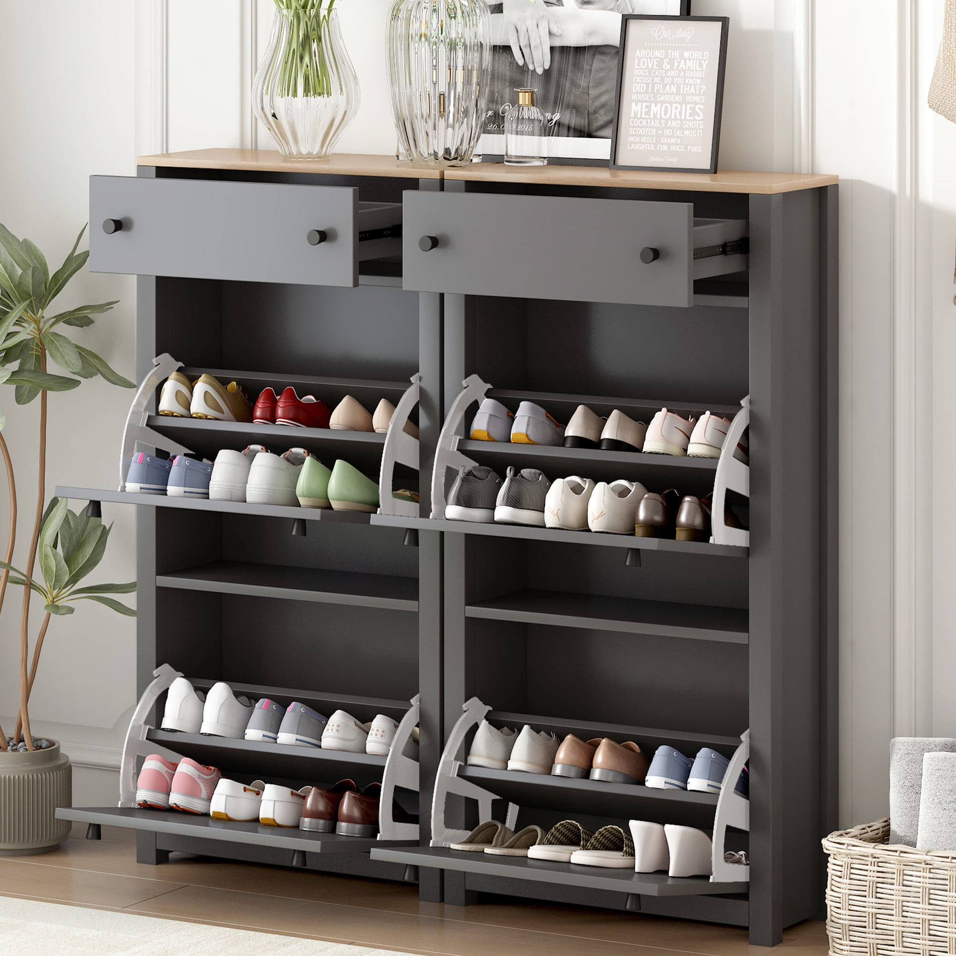 Modern Grey Shoe Storage With 4 Flip Drawers & 2 Extra Drawers ...