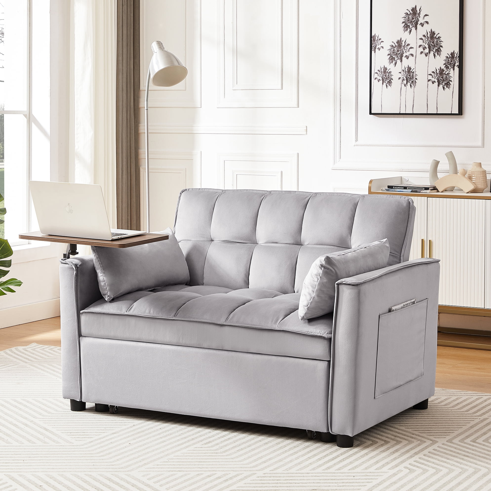 Modern Grey Velvet Bed With Side Table, Details Throughout, Convert To ...