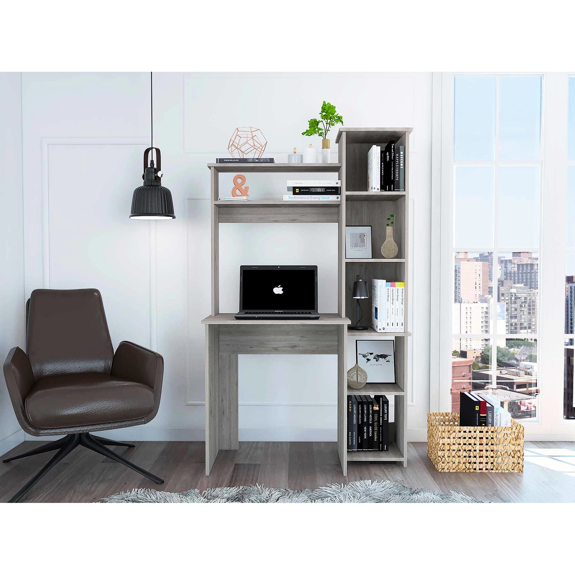 Modern Grey Writing Desk With Built-in Bookcase And 6 Shelves - Ideal ...