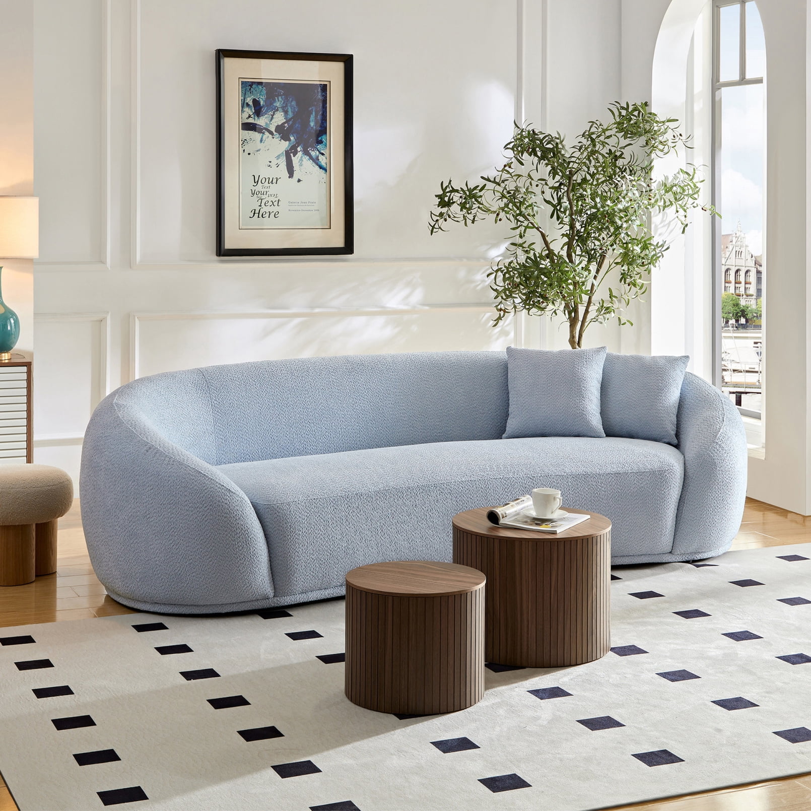 Modern Half-Moon Curved Sofa with Teddy Wool Fabric, Blue Sky ...