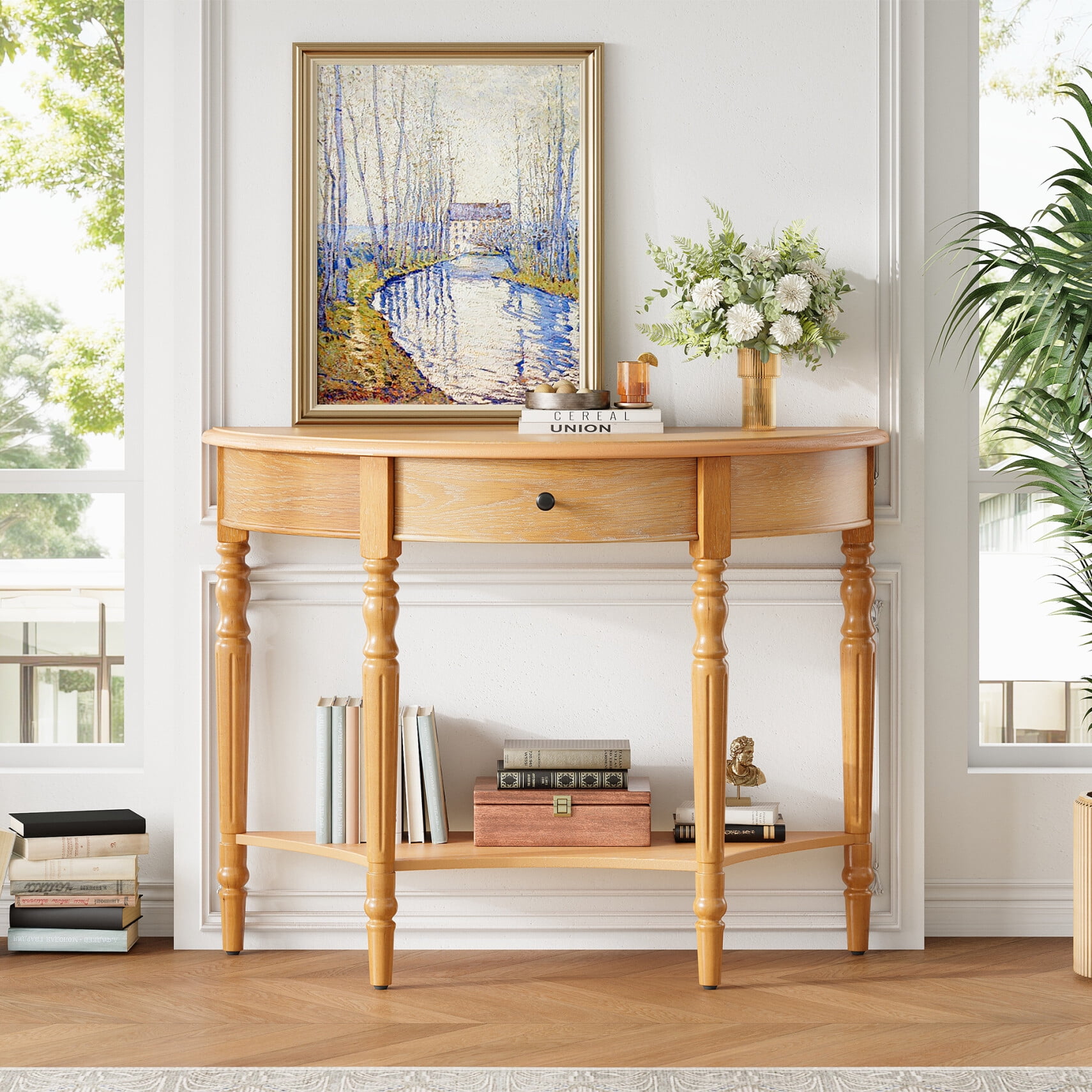 Modern Half-Moon Sofa Console Table with 1 Storage Drawer and Lower ...