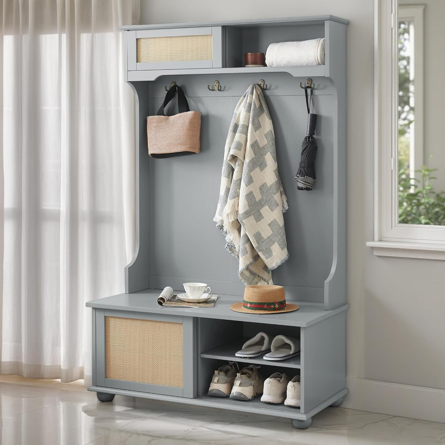 Modern Hall Tree with Sliding Rattan Doors, 40" W Coastal Entryway ...