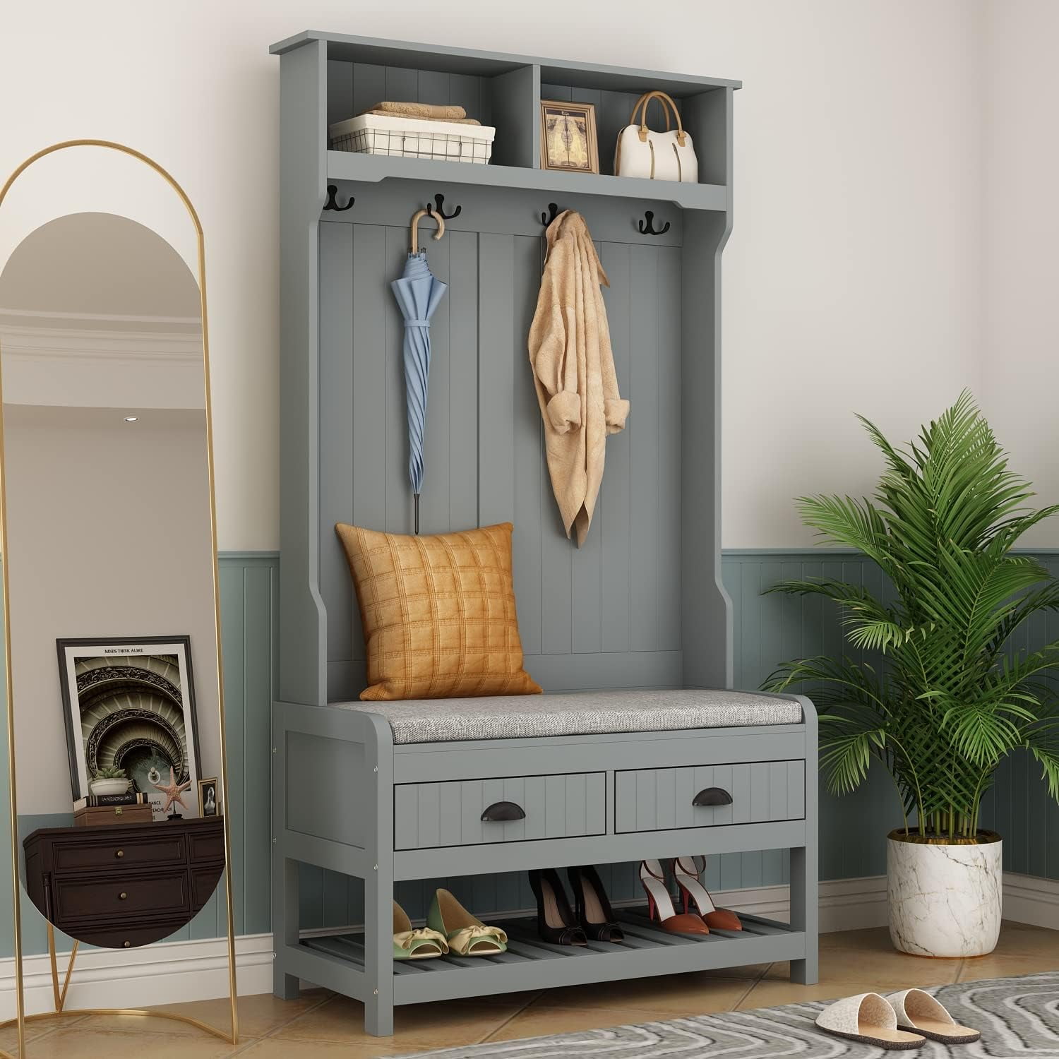 Modern Hall Tree with Storage Bench, 4-in-1 Entryway Bench with Coat ...