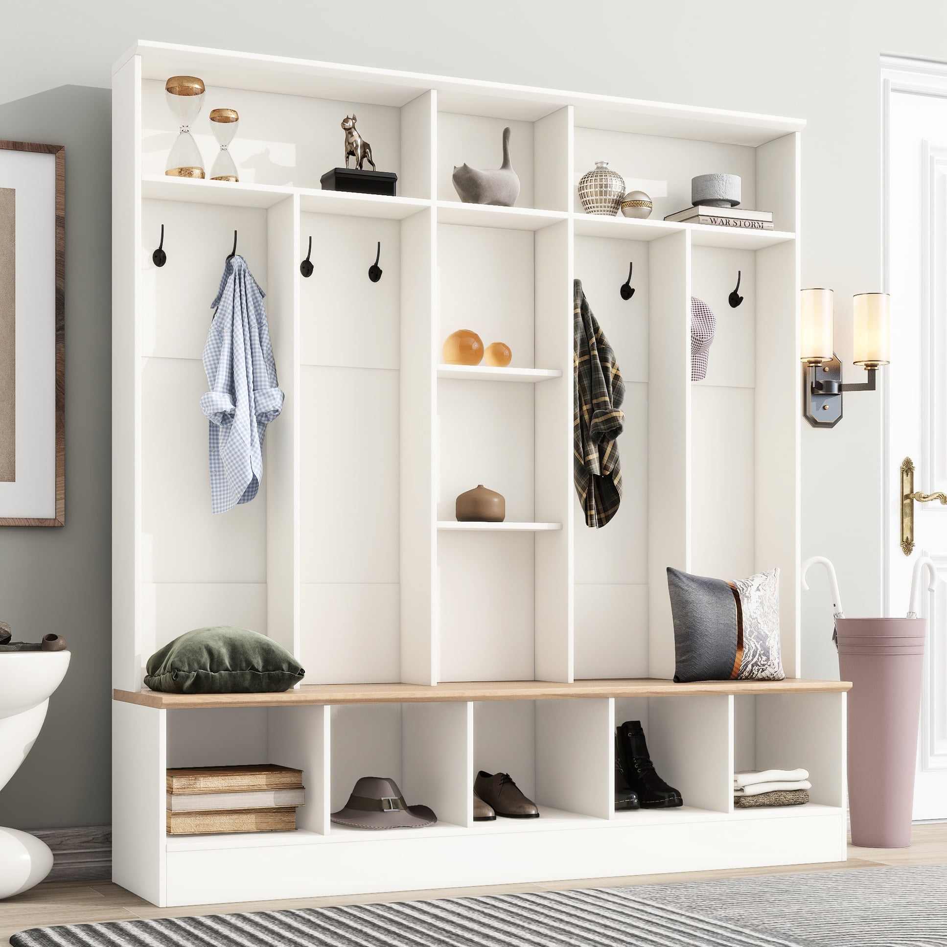 Modern Hall Tree With 8 Hooks And Shoe Storage, White Cabinet Shelves ...