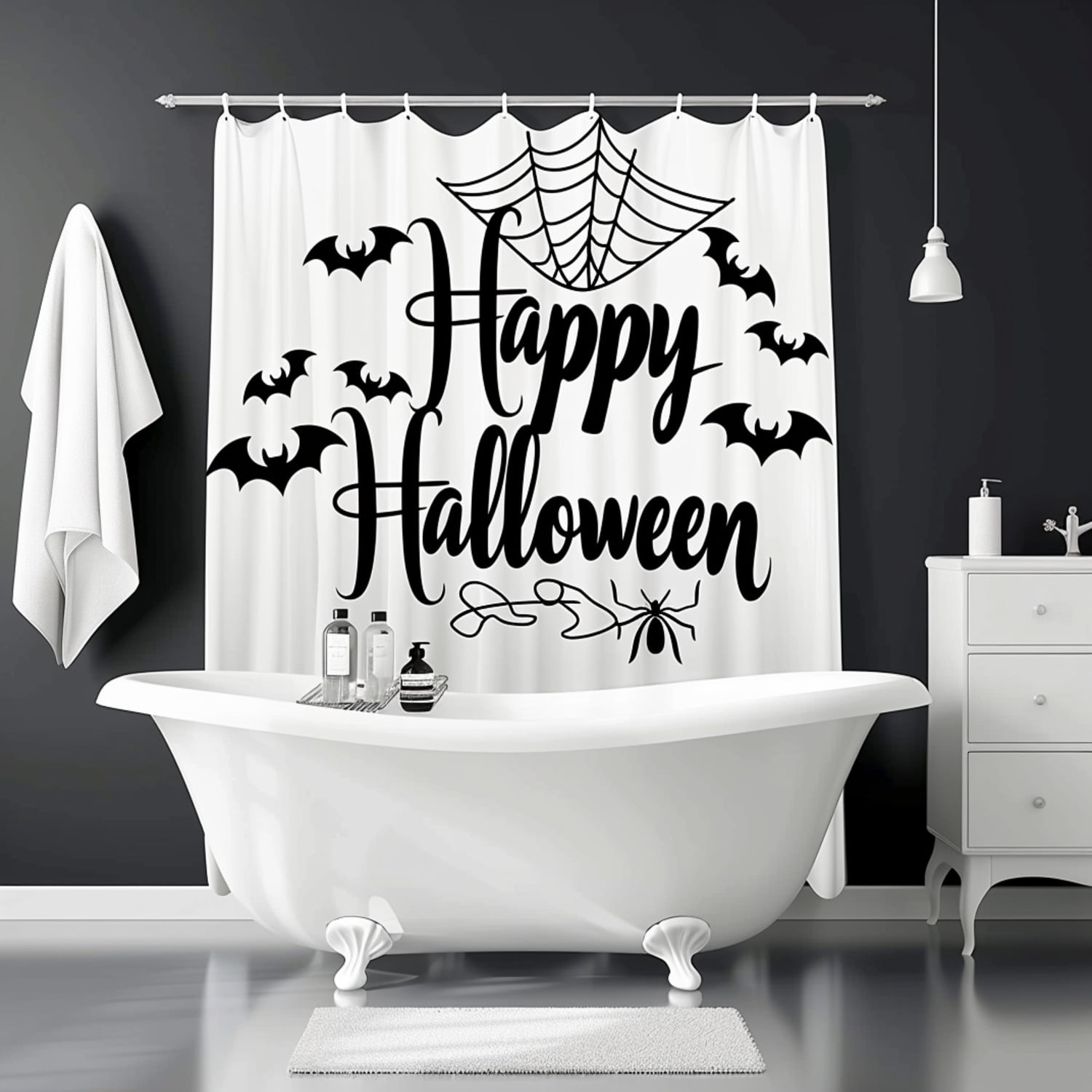 Modern Halloween Shower Curtain with Elegant Cursive Script Spider Webs ...