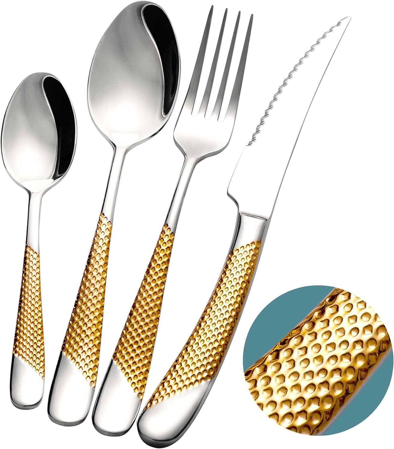 Modern Hammered Silverware Set with Ultra Sharp 2-IN-1 Serrated Knives ...