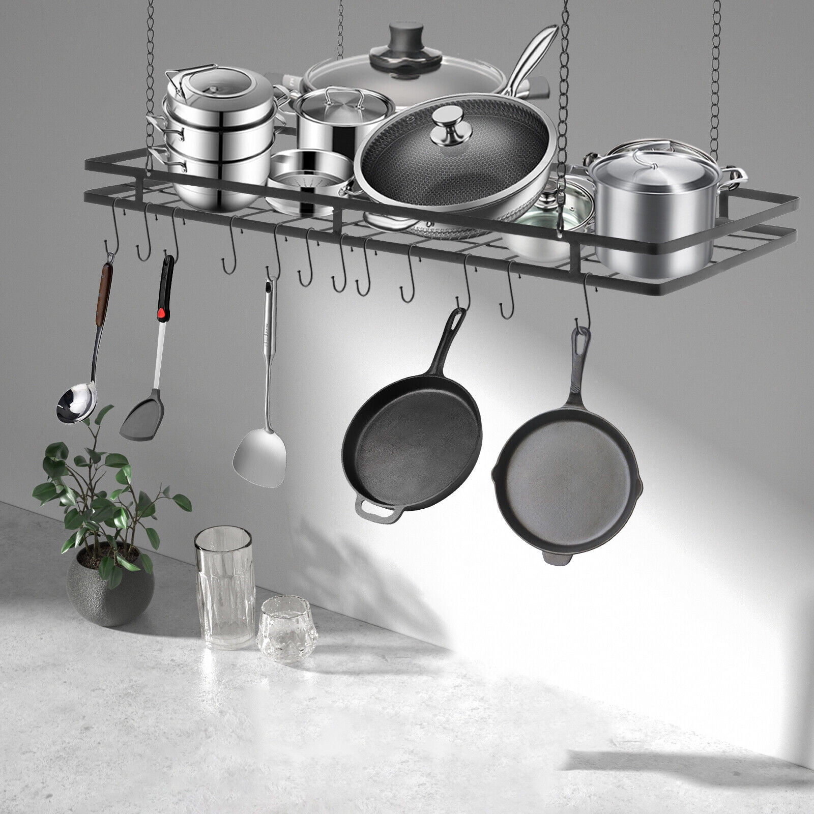 Modern Hanging Pot Holder Pan Hanger Kitchen Ceiling Rack with 12 Hooks ...