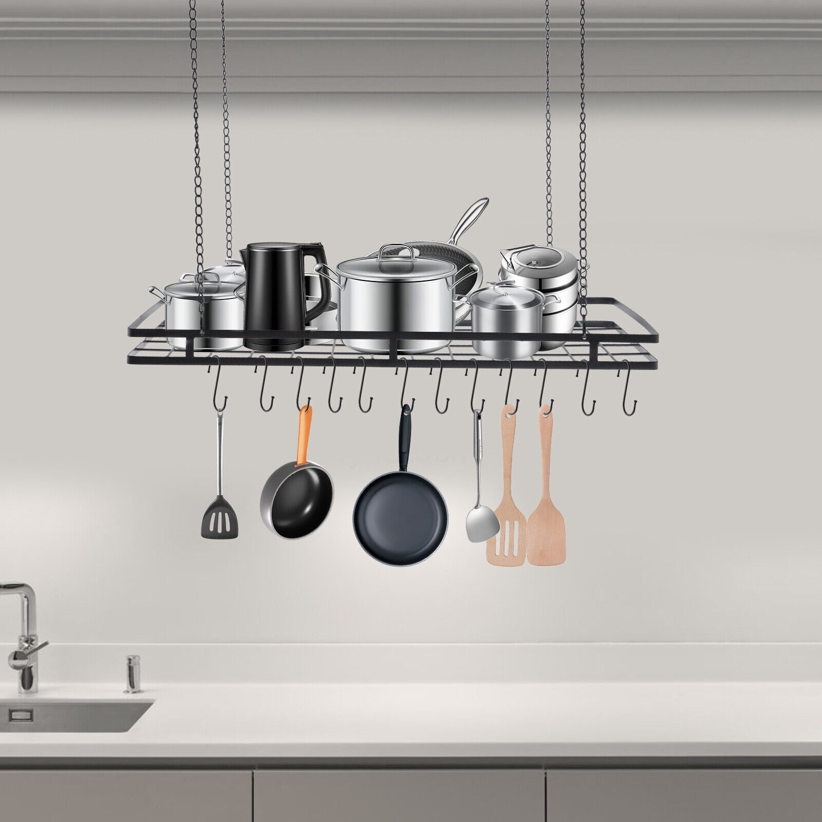 Modern Hanging Pot Holder Pan Hanger Kitchen Ceiling Rack with 12 Hooks ...