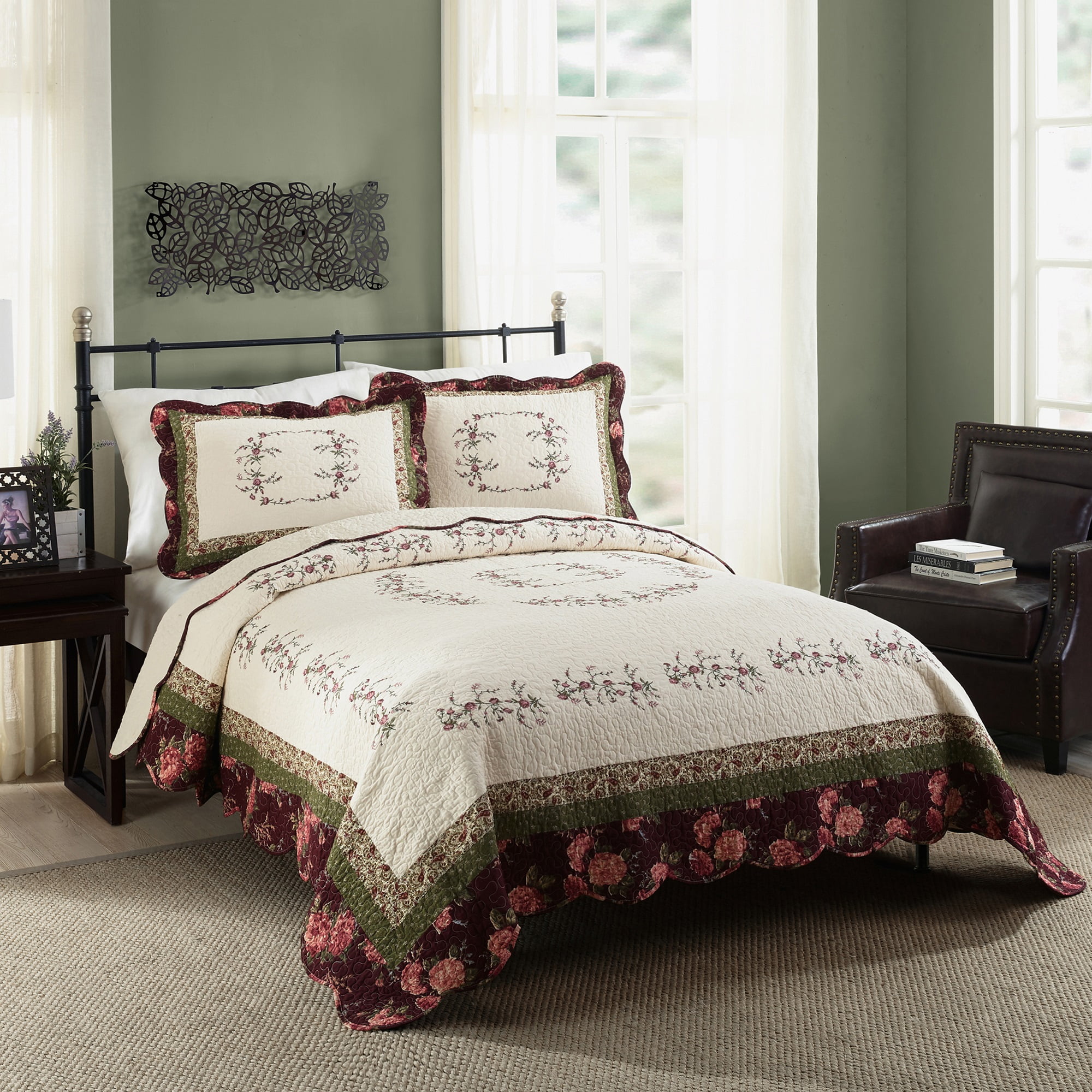 Modern Heirloom Brooke 3-Piece Ivory/Burgundy Floral Embroidered Quilt ...