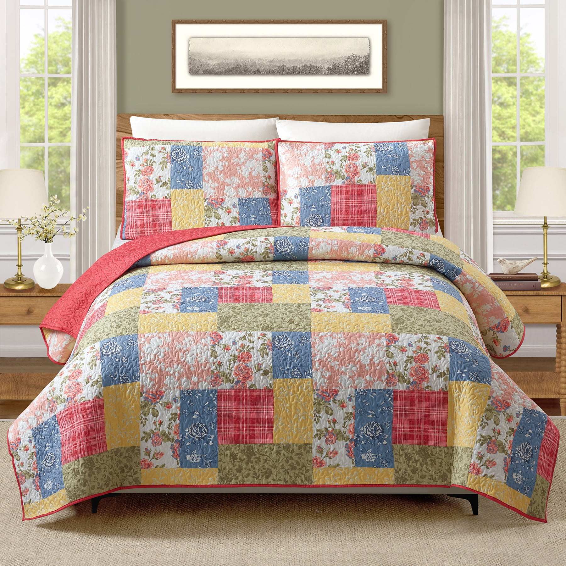 Modern Heirloom Farmhouse Floral 3-Piece Quilt Set, Full/Queen ...