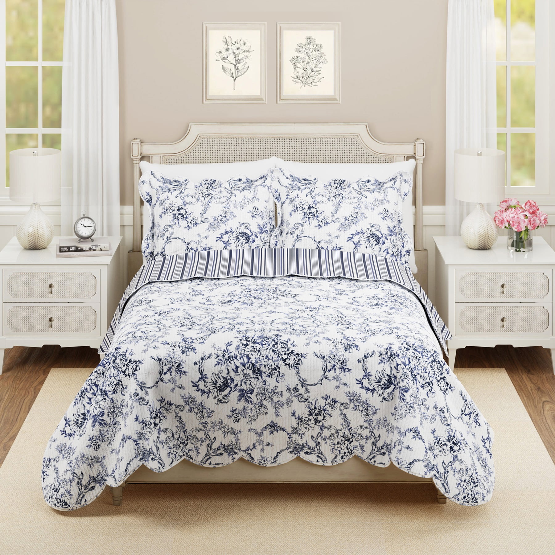 Modern Heirloom Garden Toile Blue 3-Piece Reversible Quilt Set, King ...