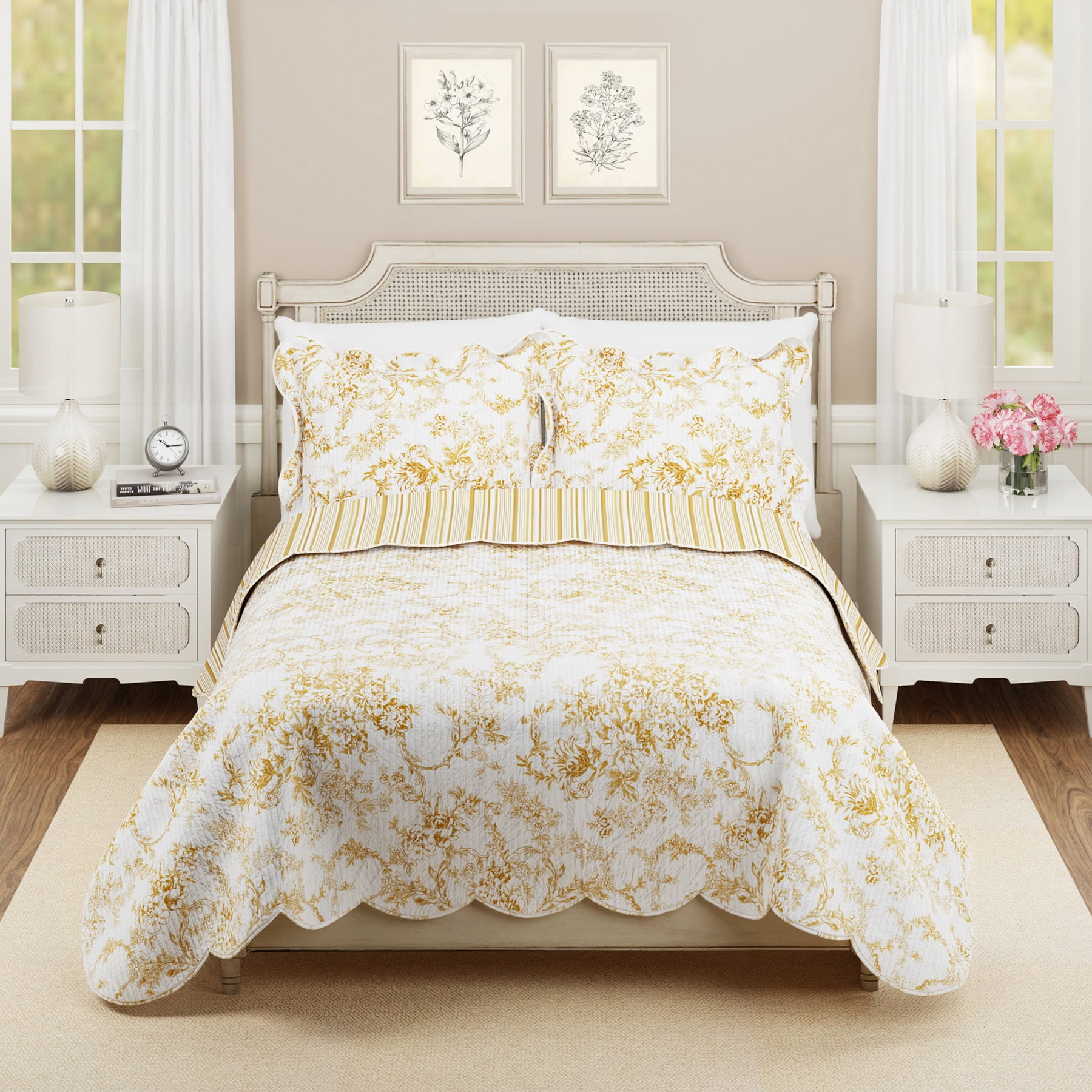 Modern Heirloom Garden Toile Yellow 3-Piece Reversible Quilt Set, Full ...
