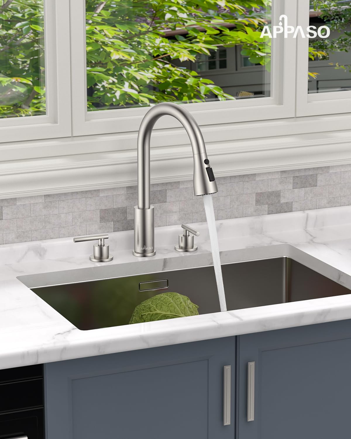 Modern High 3 Modes Kitchen Faucet with Sprayer, Brushed Nickel 3 Hole ...