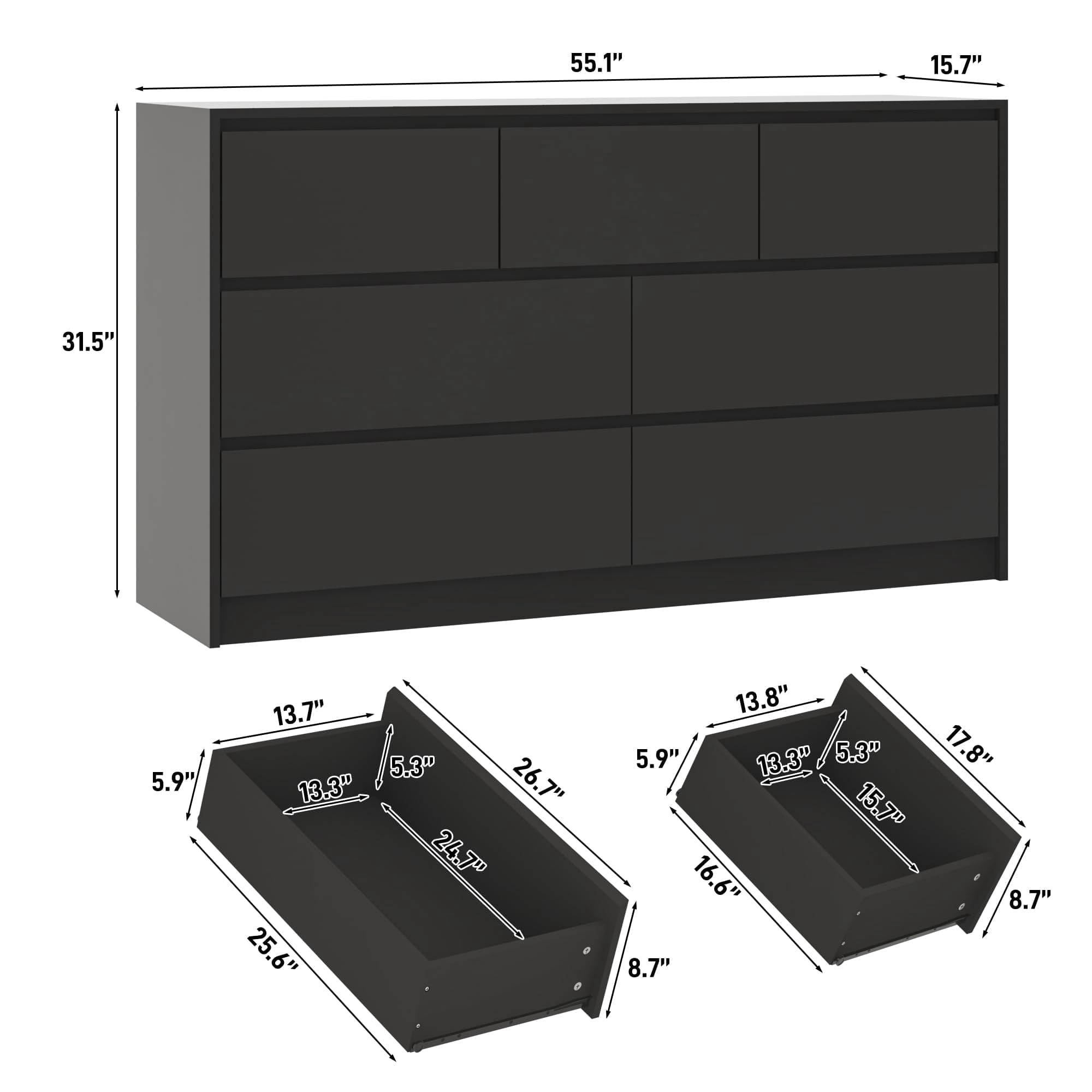 Renikay Modern High-Gloss Dresser, 7-Drawer Handleless Wood Chest of ...