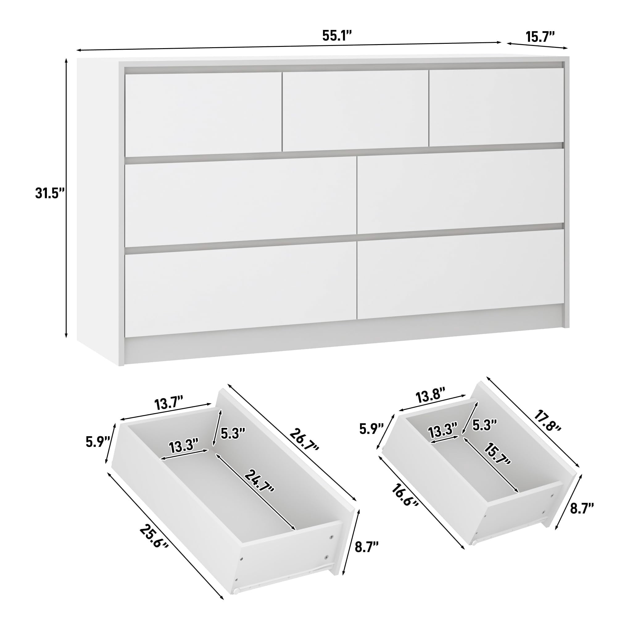 Renikay Modern High-Gloss Dresser, 7-Drawer Handleless Wood Chest of ...