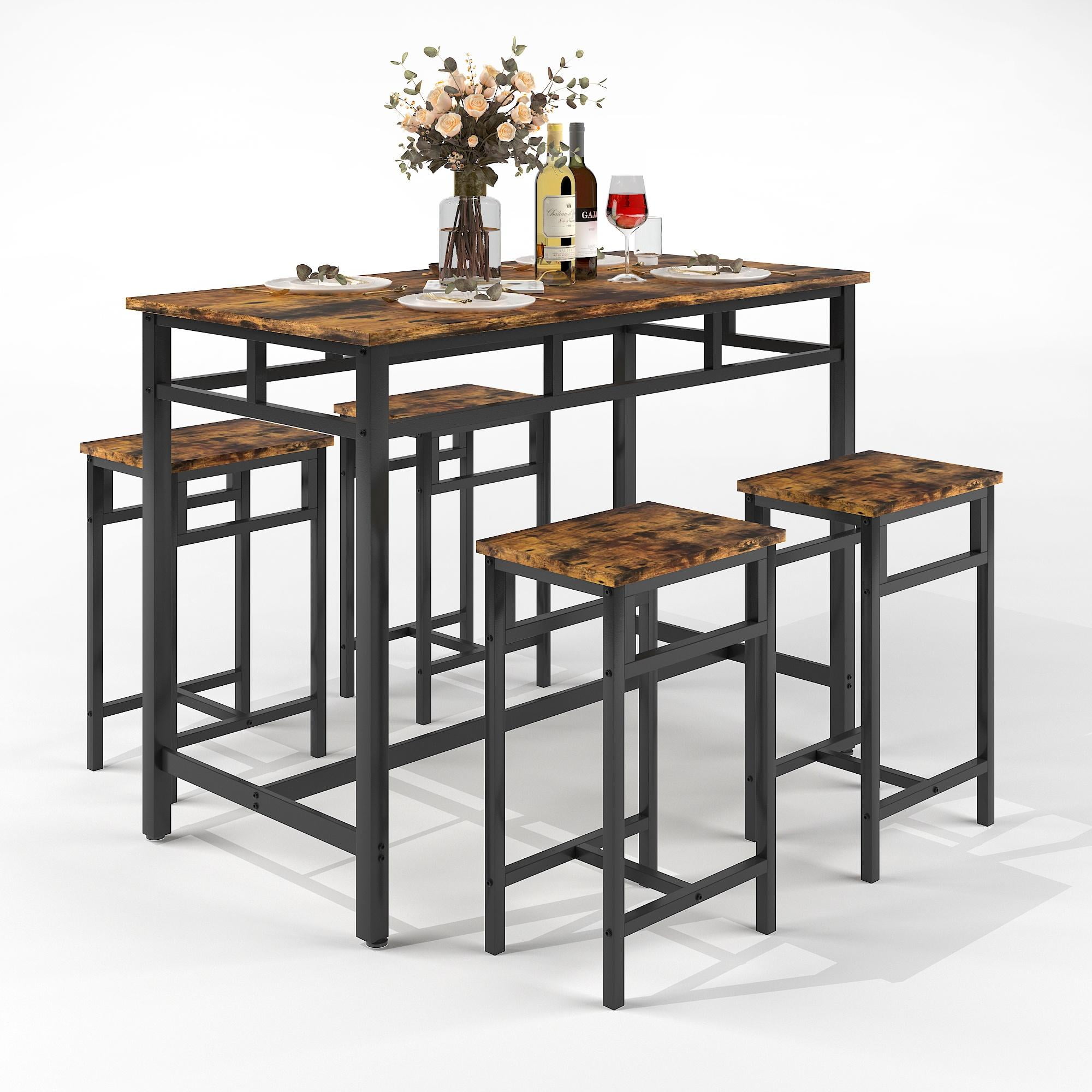 Seizeen 5-Piece Modern High Top Dining Set, Dark Brown, Metal Frame, 1 ...