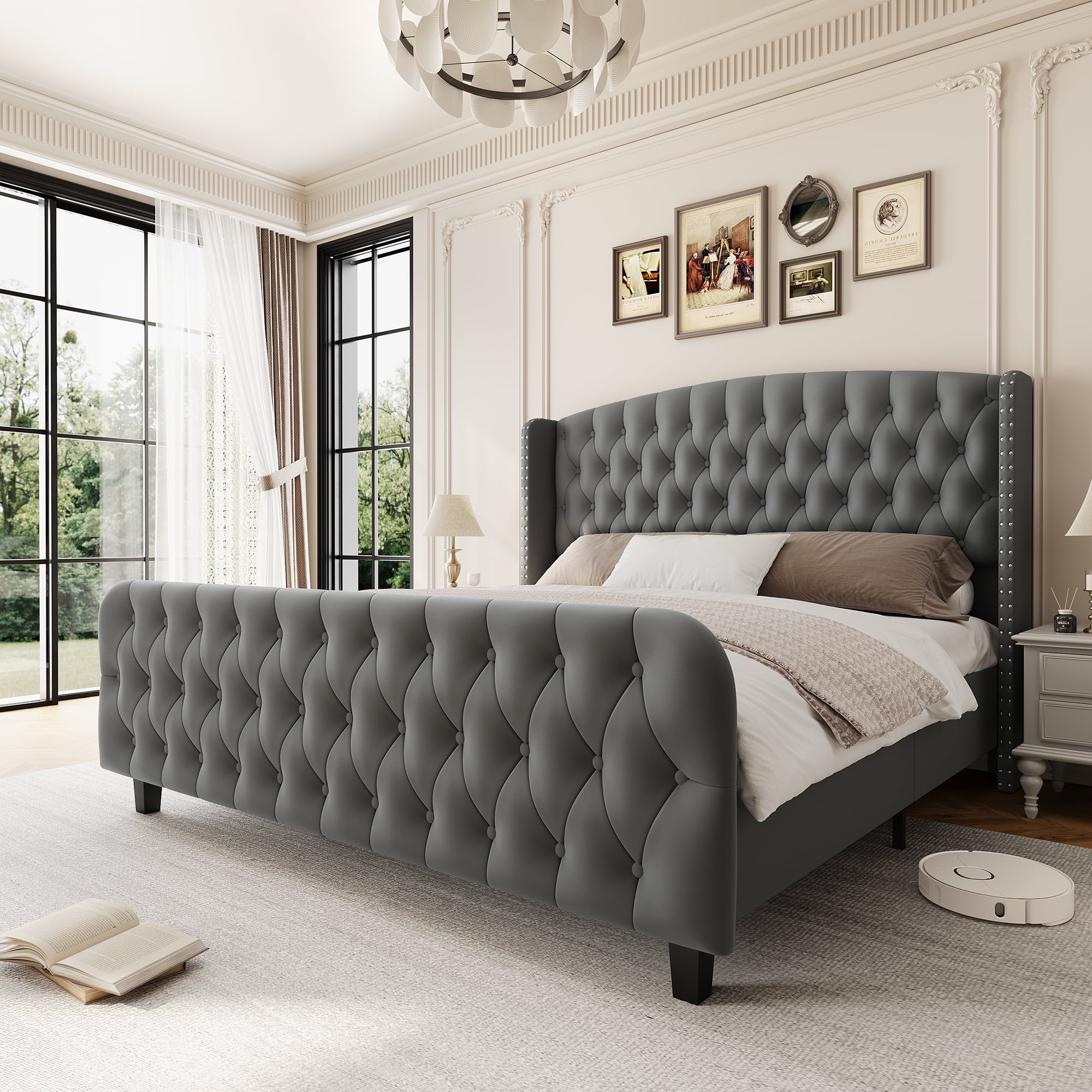 Modern Home Bedroom Queen/King Size Bed Frame 51" Tall with Velvet ...