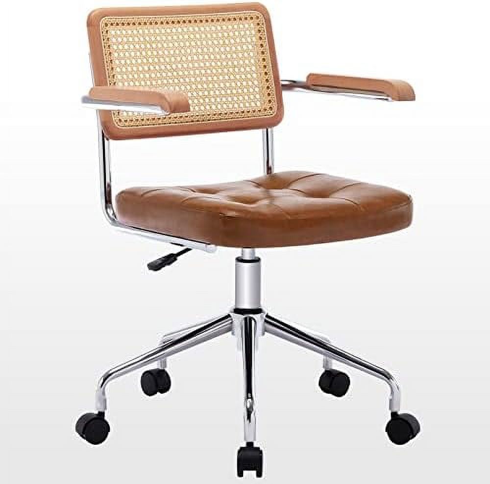 Modern Home Office Chair Leather Desk Chair with Natural Rattan Back ...