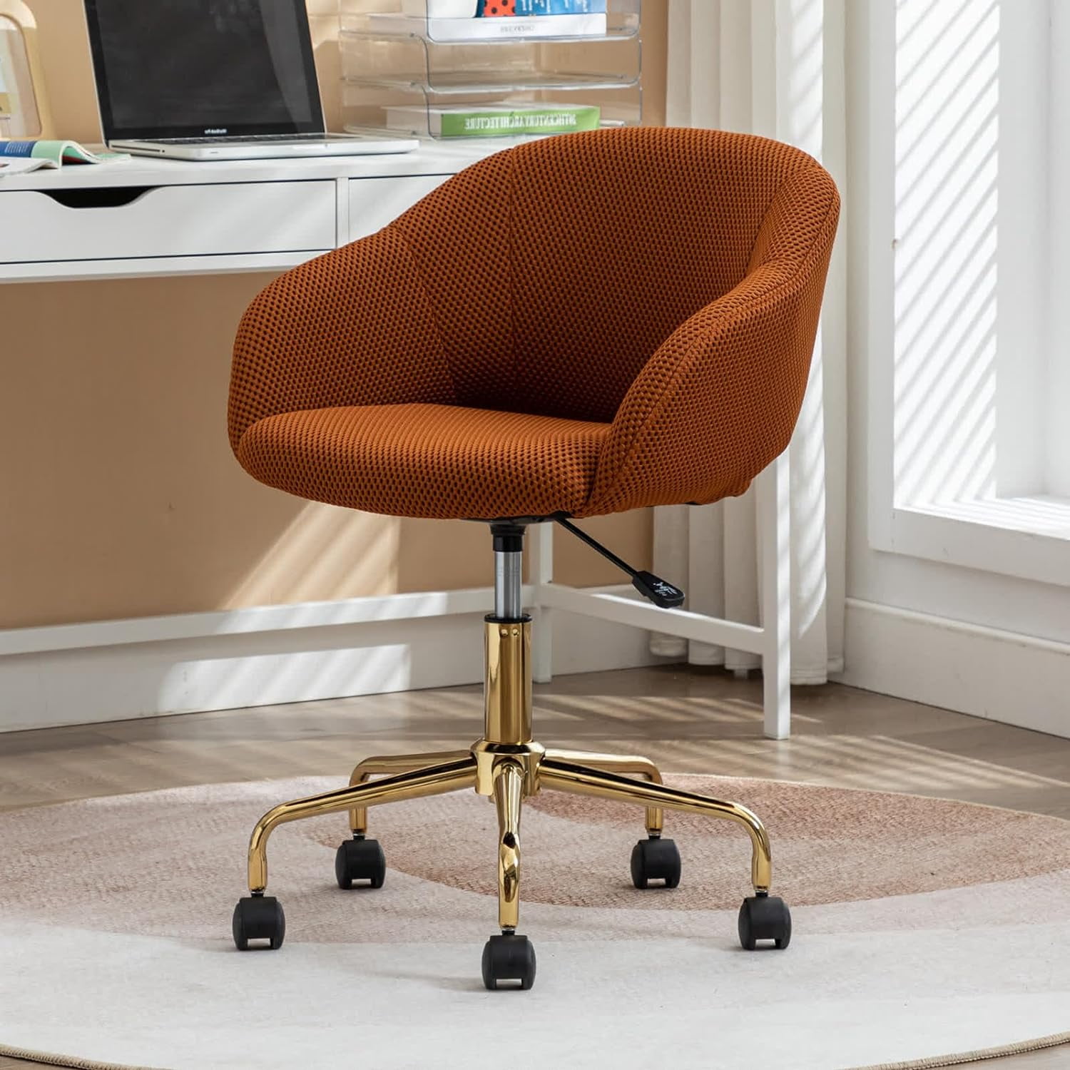 Modern Home Office Chair, Mesh Fabric Upholstered Desk Chair with Gold ...