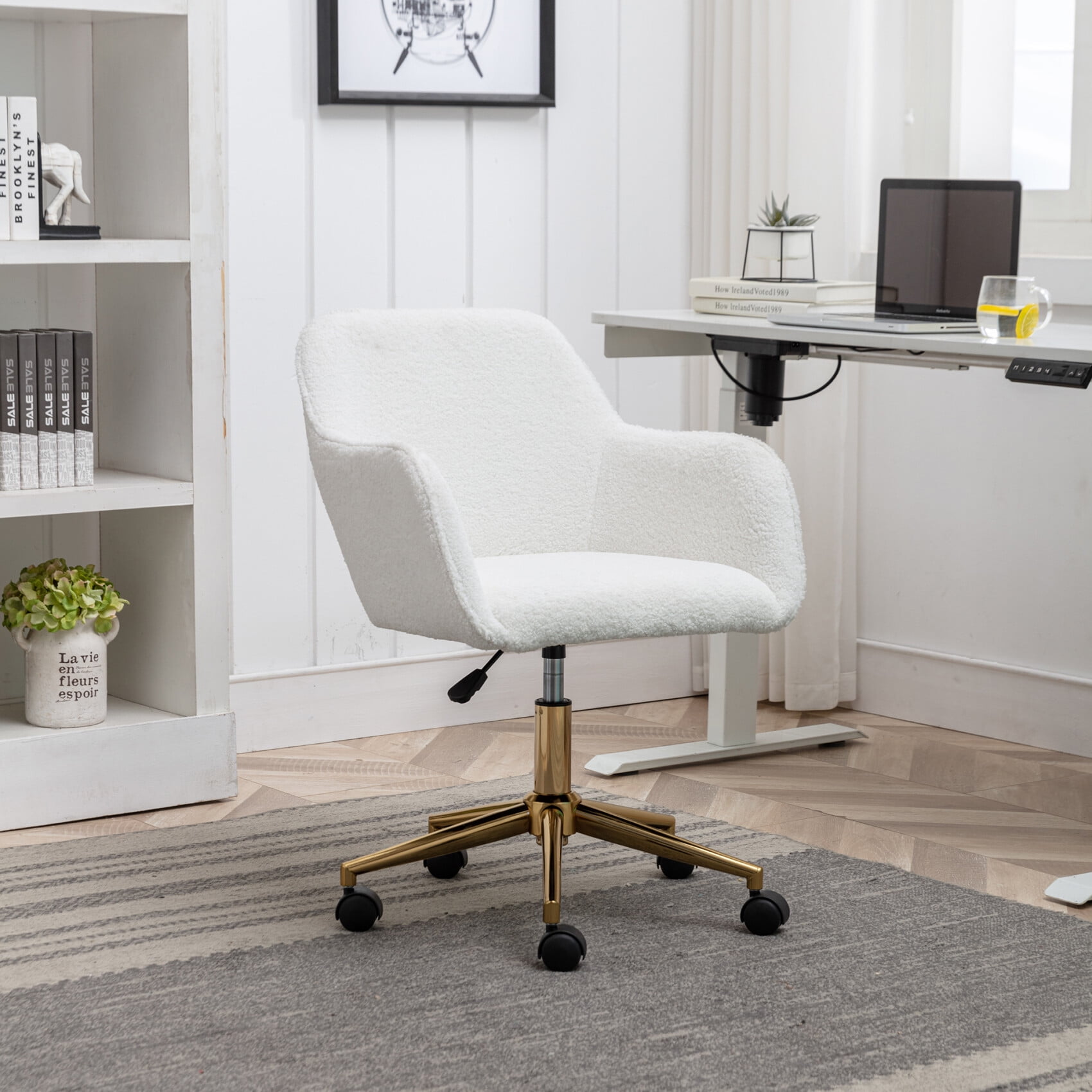 Modern Home Office Chair, Soft Teedy Fabric Makeup Chair with Height Adjustable， Comfy ...