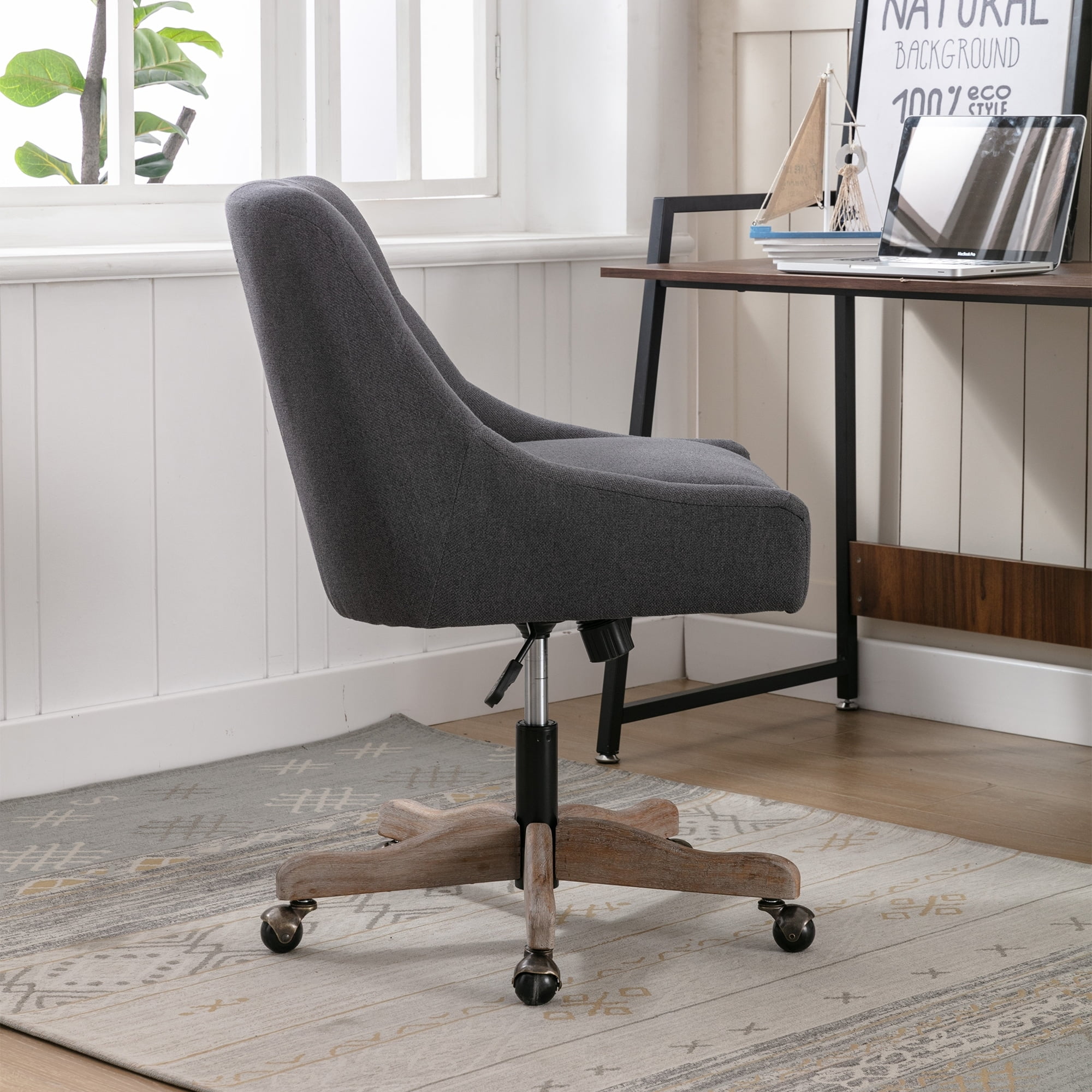 Modern Home Office Desk Chair w/Casters / Leisure Solid Wood Feet ...