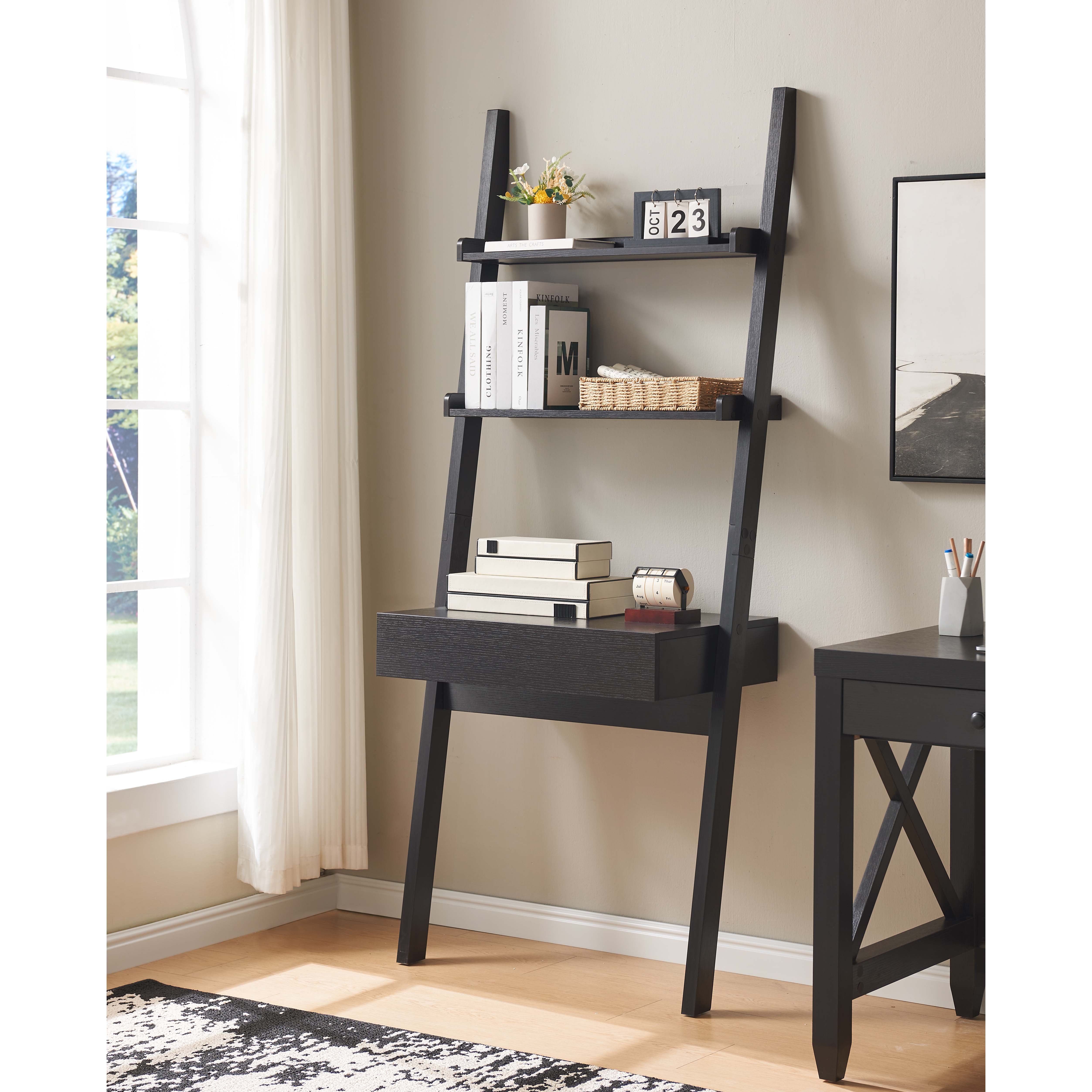 Modern Home Office Desk with Bookcase Ladder, 1 Drawer & 2 Shelves ...
