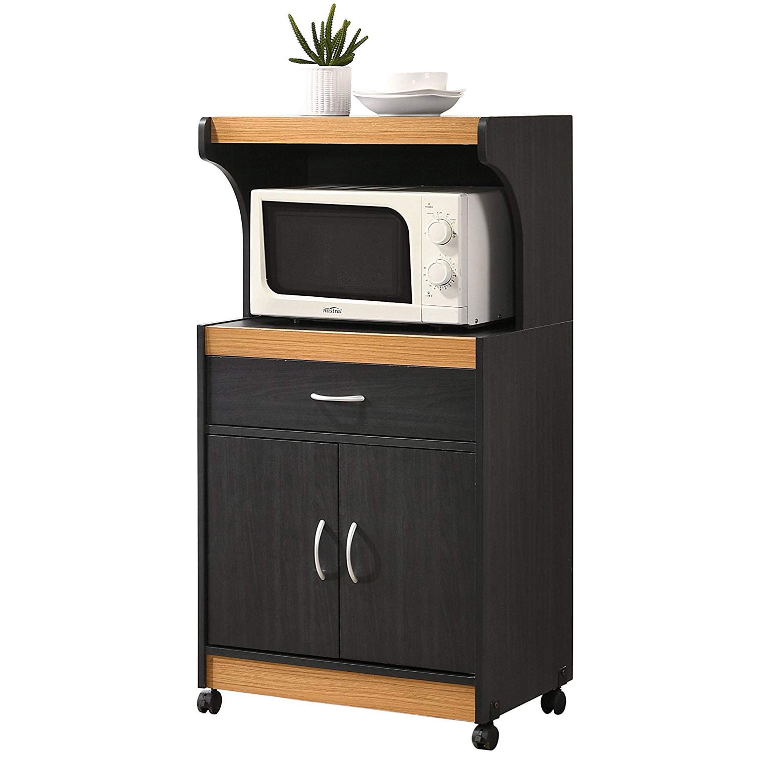 Hodedah Wooden Microwave Kitchen Cart with Drawers, Doors, and Portable ...