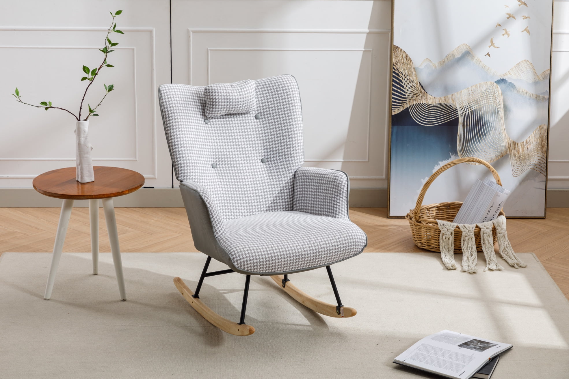 Modern Indoor Rocking Chair, Comfy Houndstooth Fabric Recliner with ...