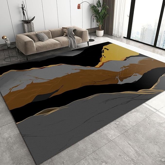 Modern Indoor Rug, Abstract Oil Painting Black Brown Yellow Grey Print ...