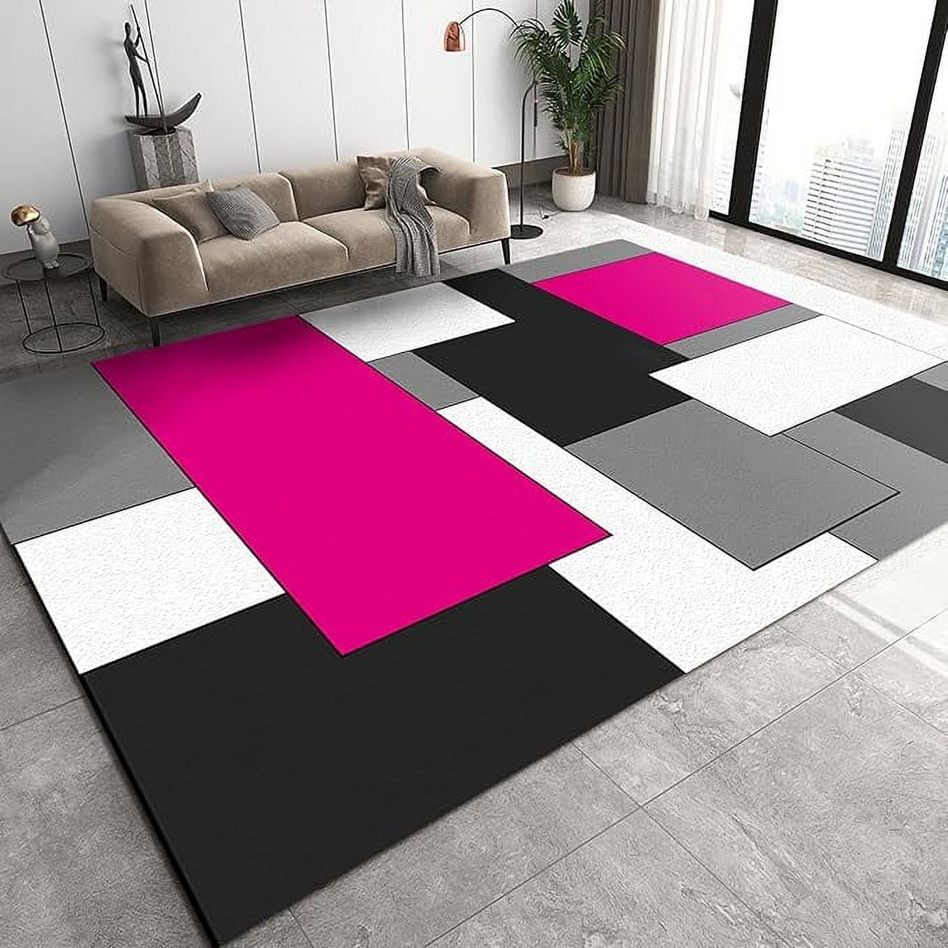 Modern Indoor Rug, Black And White Gray Square Geometry Bedroom Area ...