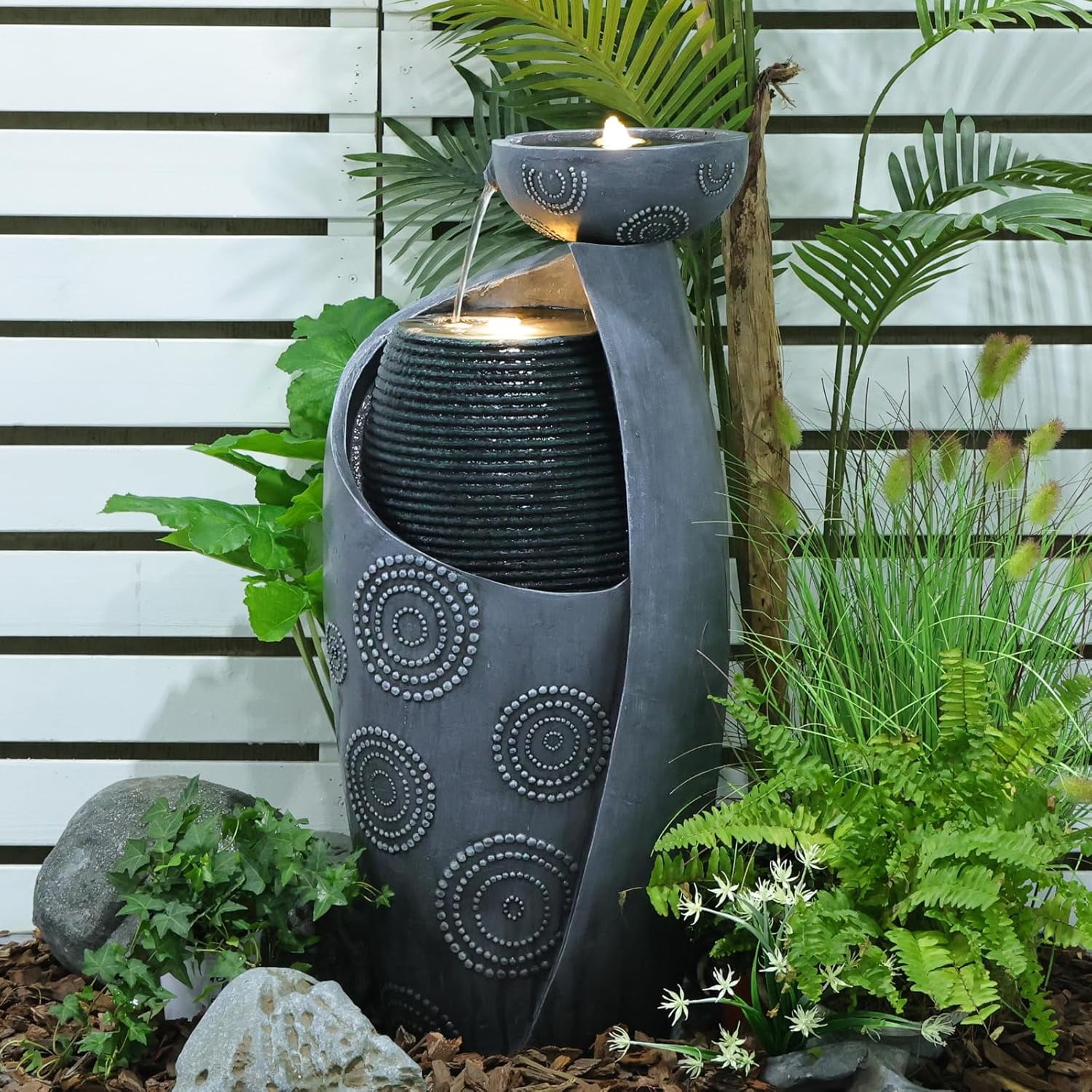 Modern Indoor Water Fountain, Curved Faux Slate Waterfall Fountain with ...