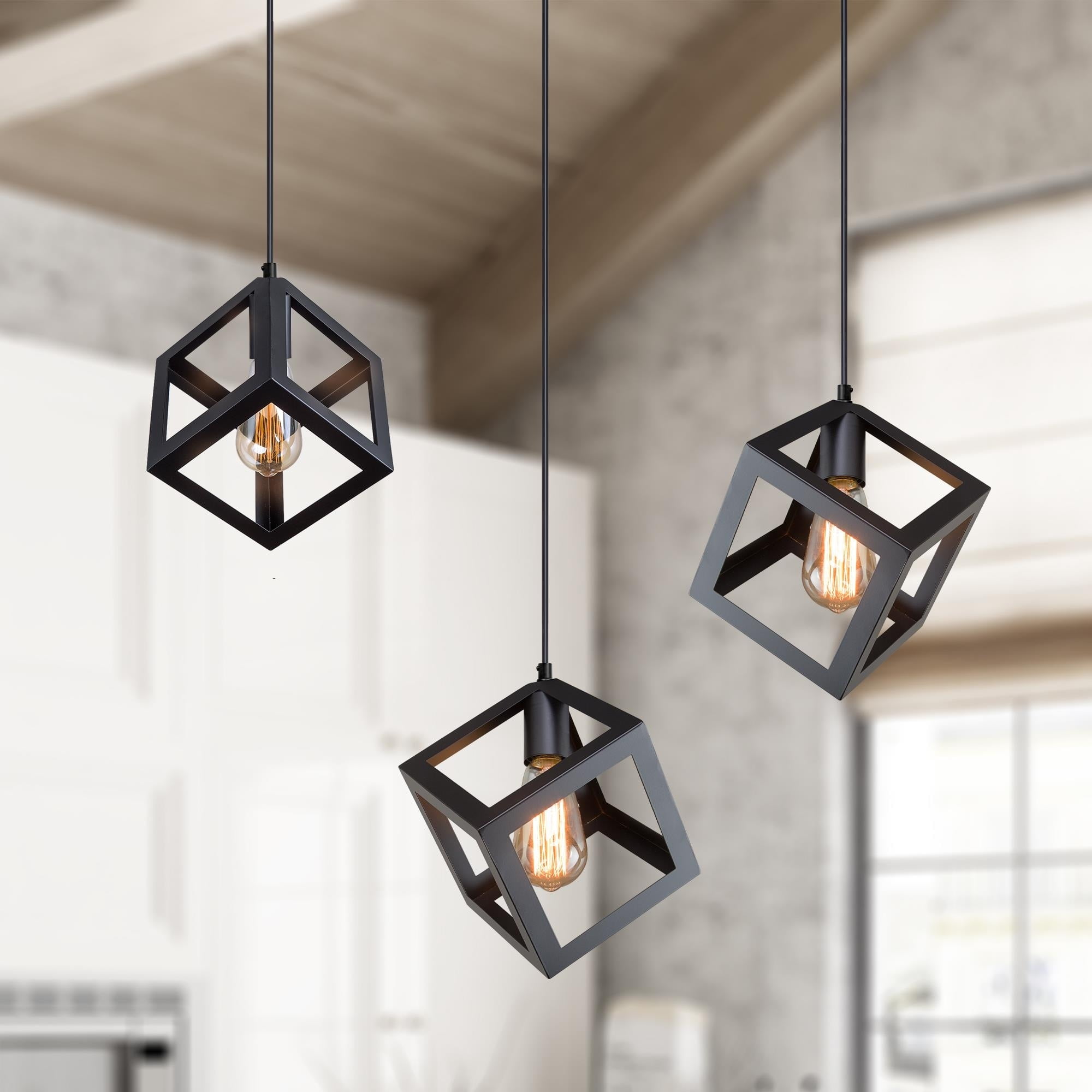 Modern Industrial 1-Light Black Square Pendant Light for Kitchen Island ...