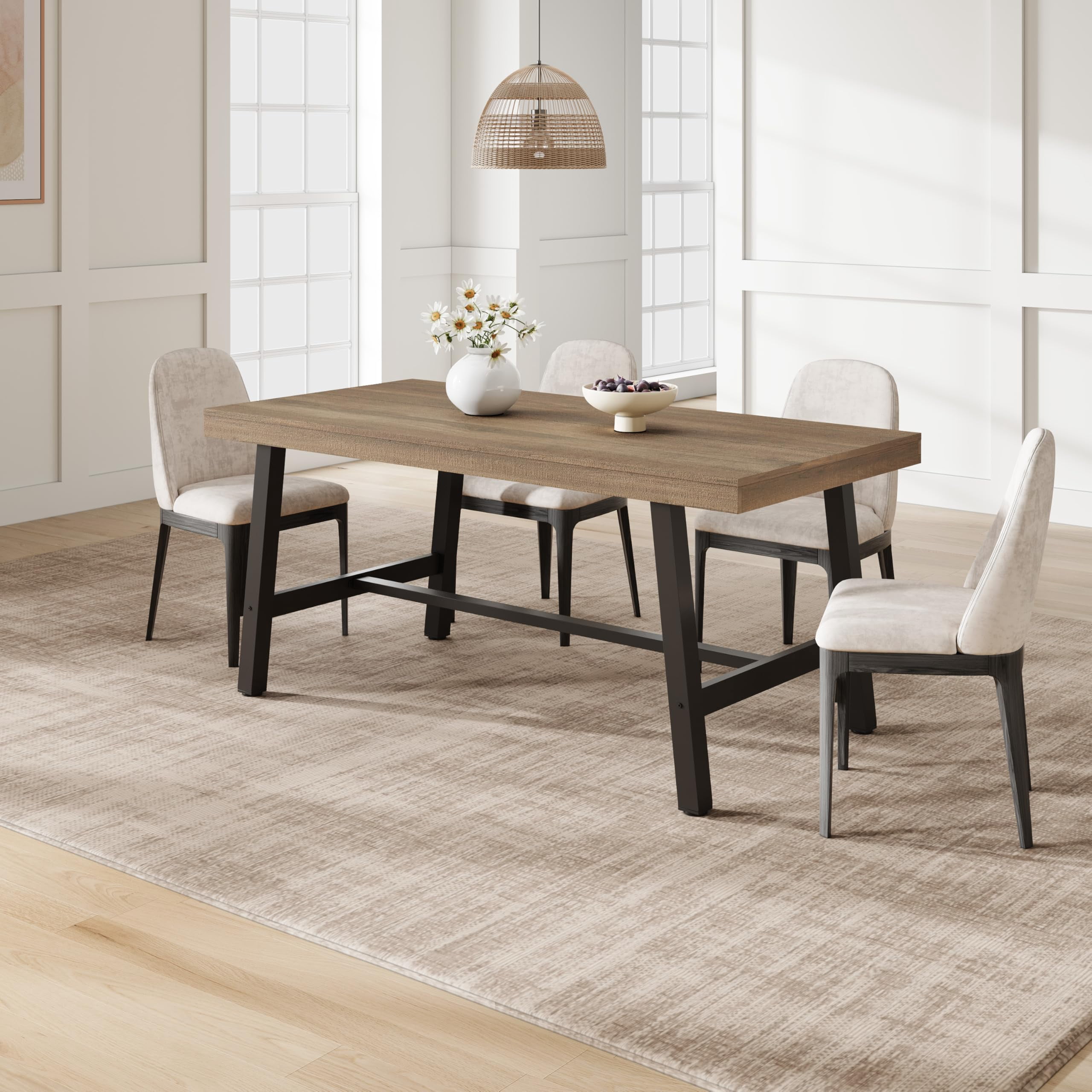 Modern Industrial 6-Person Dining Table - Long Wooden Table with Sturdy ...