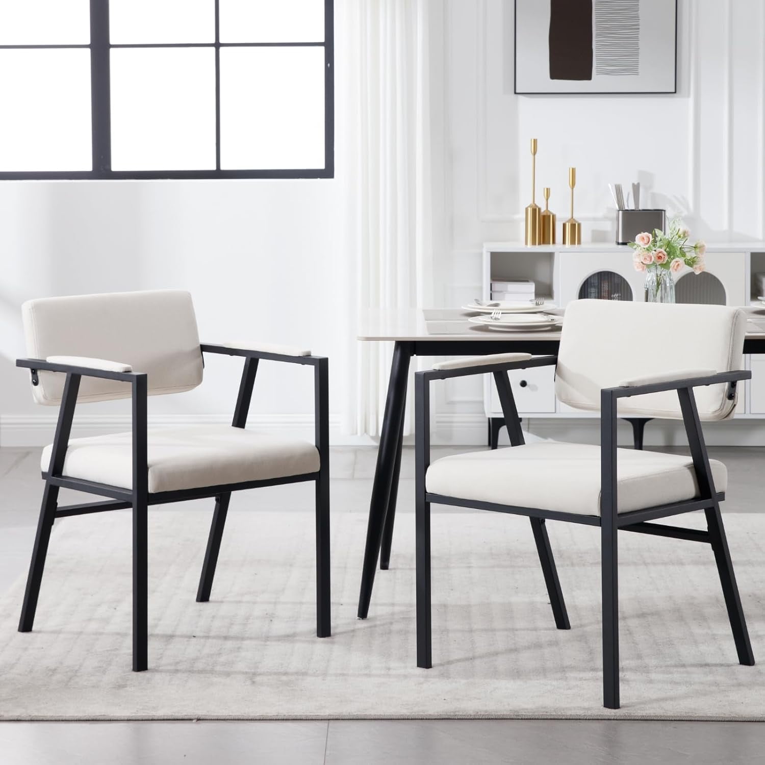 Modern Industrial Dining Chairs Set of 2, Upholstered Linen Fabric ...