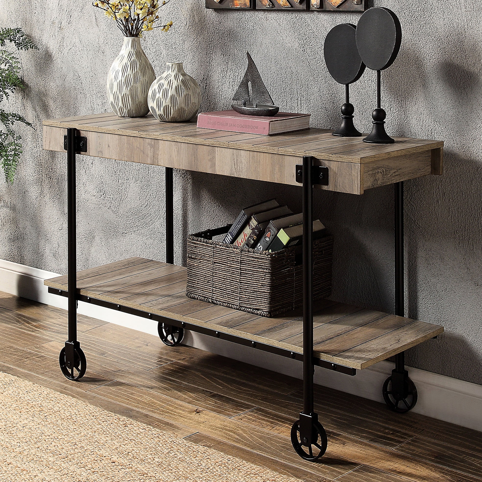 Modern Industrial Living Room Table With Slat Design, Natural Tone And ...