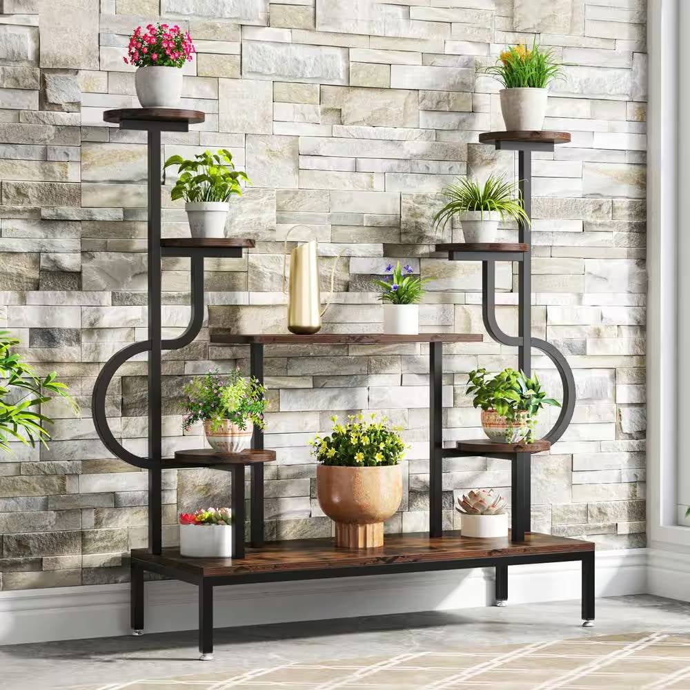 Modern Industrial Metal Wood Stepped Shelf Bookcase Plant Stand ...
