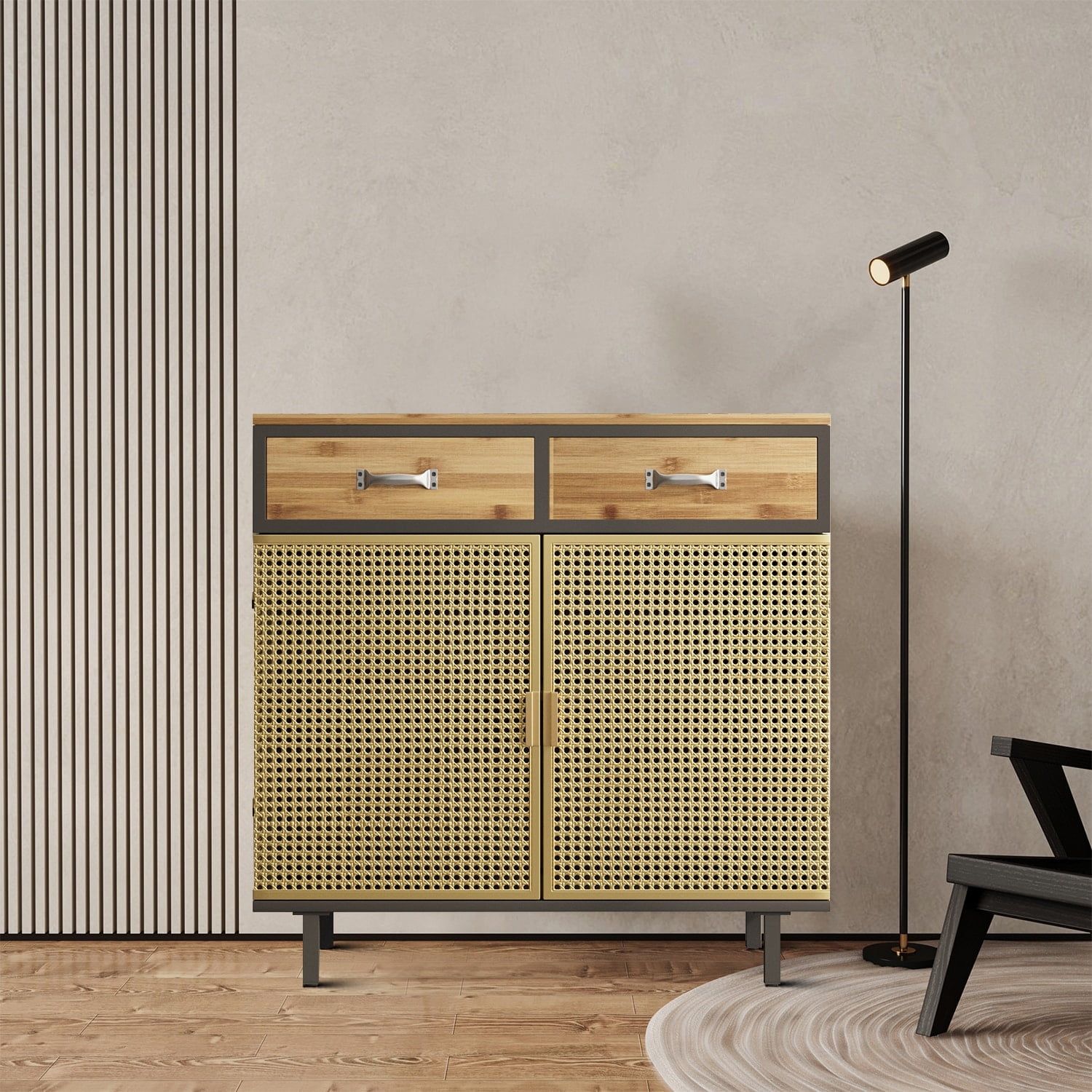 Modern Industrial Style Metal Sideboard with Carbonized Bamboo Top and ...